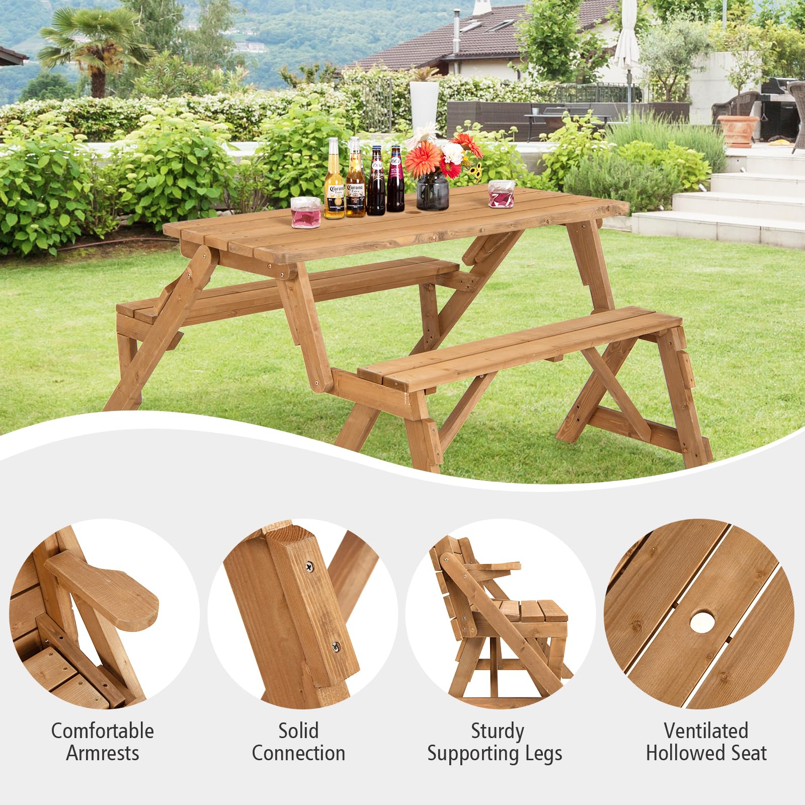 GYMAX Picnic Table, 2 In 1 Convertible Picnic Bench Table Set ...