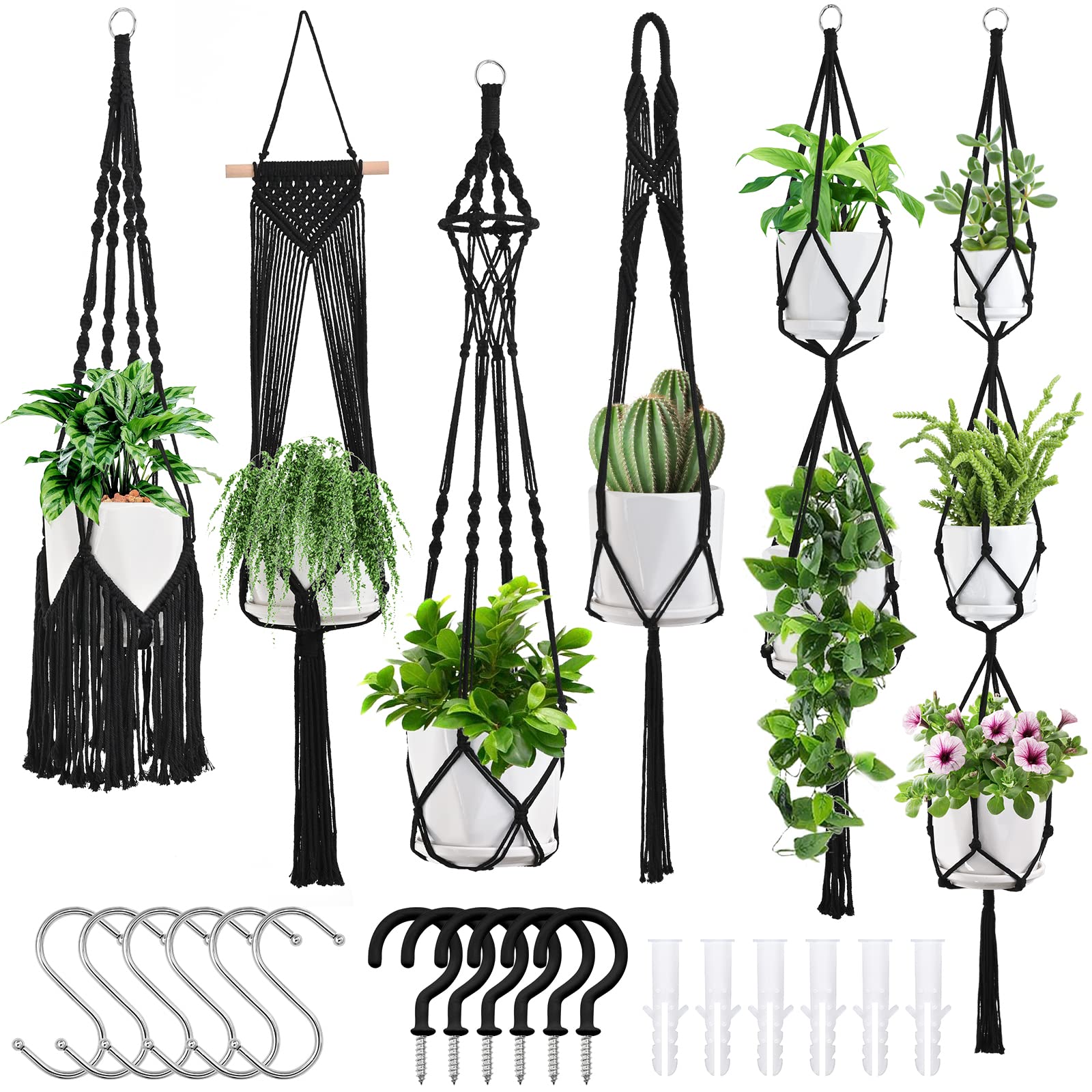SFENNGPET Macrame Plant Hangers, 6Pack Hanging Planters for Indoor ...