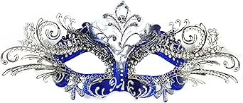 Venetian Blue Mask w/ Silver Metal Laser-Cut and Crystals on Eyes ...