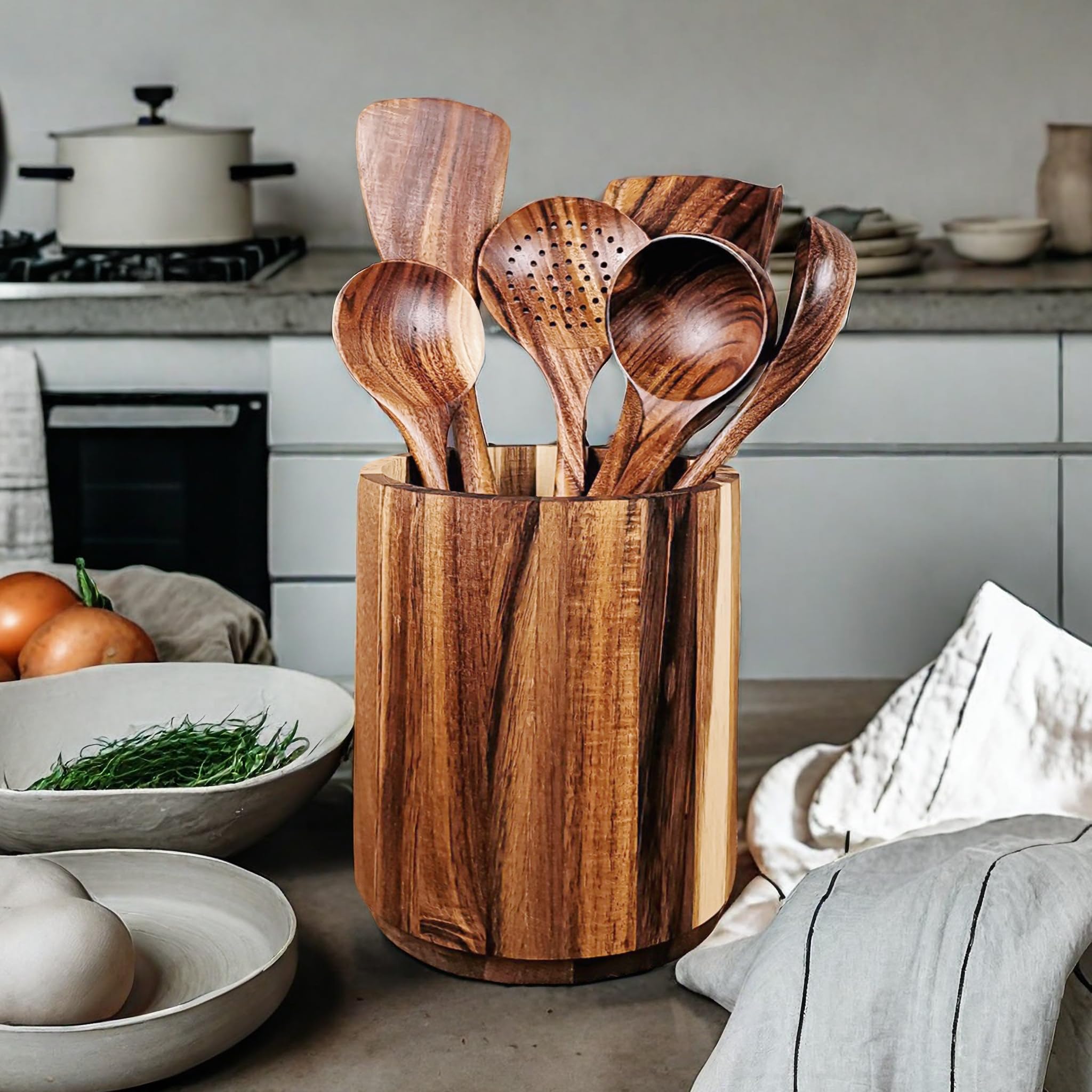 ZeQi Acacia Wood Utensil Holder for Kitchen Countertop, 360° Rotating 7 ...