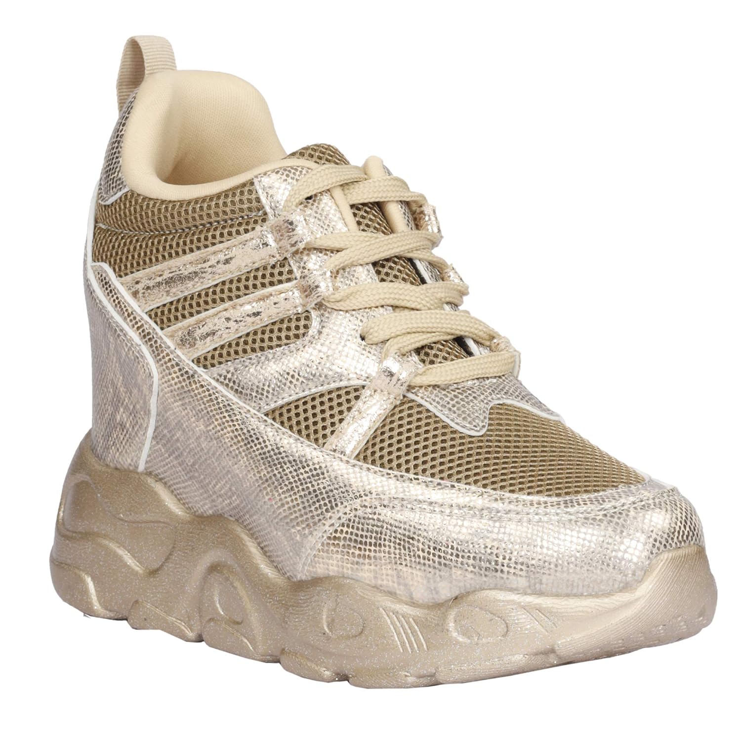 Buy Stelatoes Women's Synthetic -Mesh Gold Casual Shoes - 4 Inch Heel ...