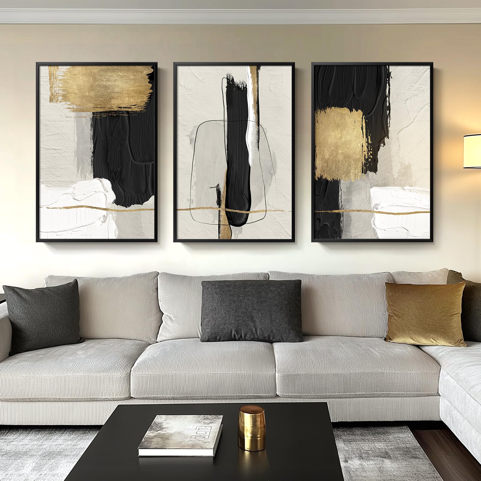 Large Framed Black and White Abstract Wall Art for Living Room, 3 Piece ...