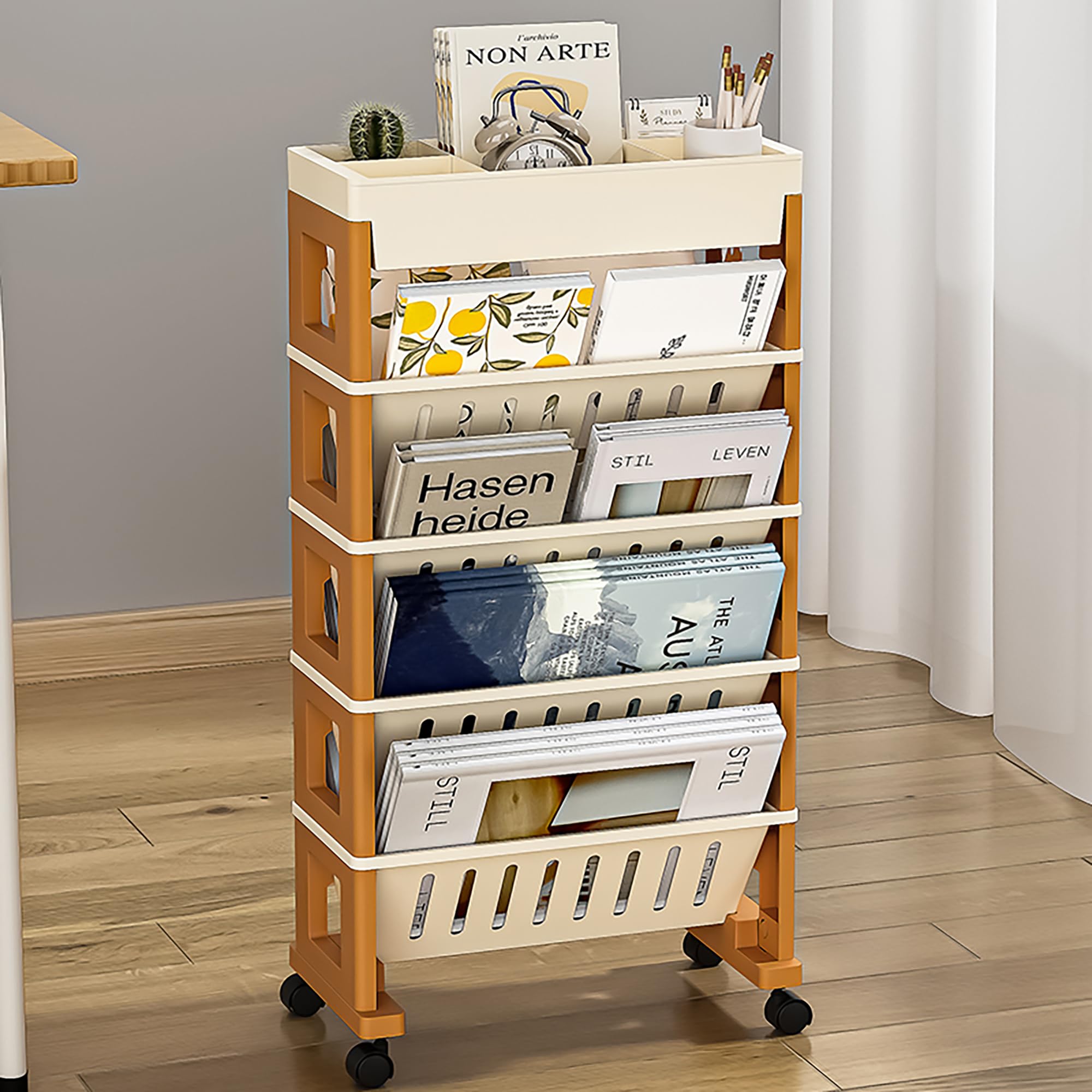 5 Tier Book Rack Storage Bookshelf, Mobile Bookshelf with Wheels ...