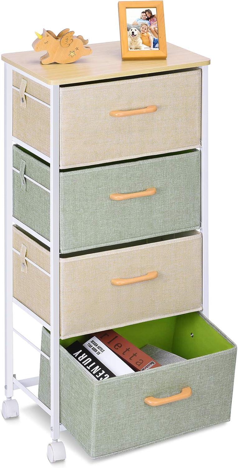 4 Tier Fabric Dresser Storage Tower with Wheel, Storage Drawers Unit ...