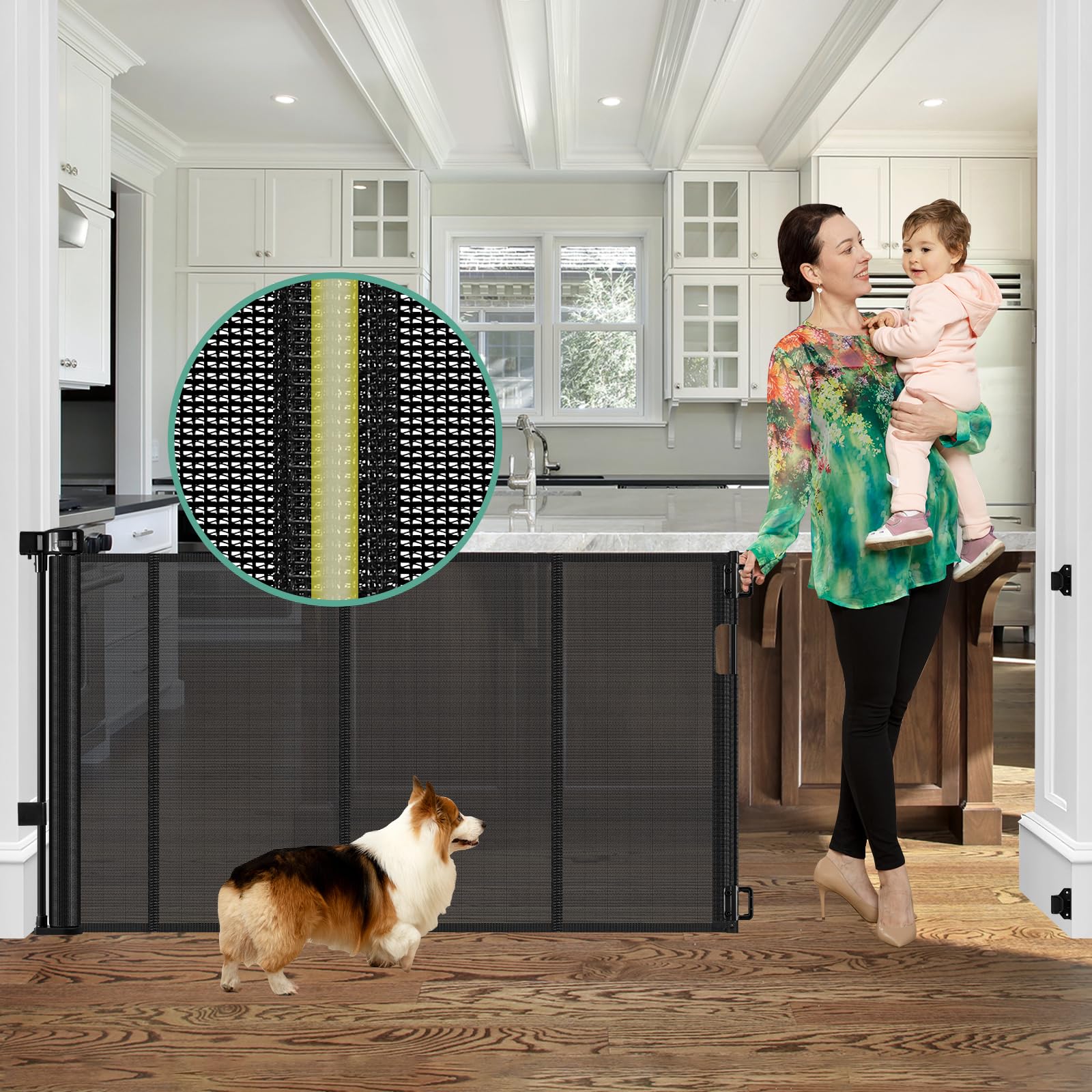 Reinforced 60" Wide Retractable Baby Gates with Upgraded Rods - Bottom ...