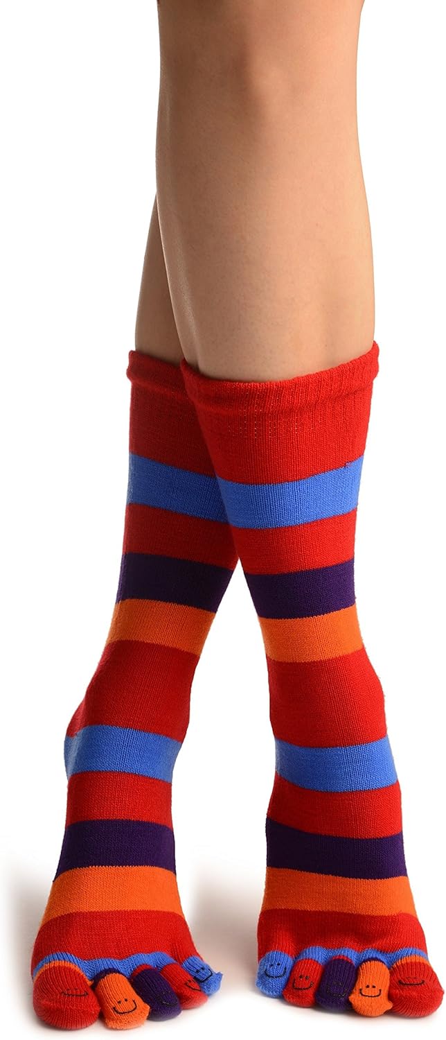 Rainbow Stripes & Printed Smiles Ankle High Toe Socks - Multicoloured ...
