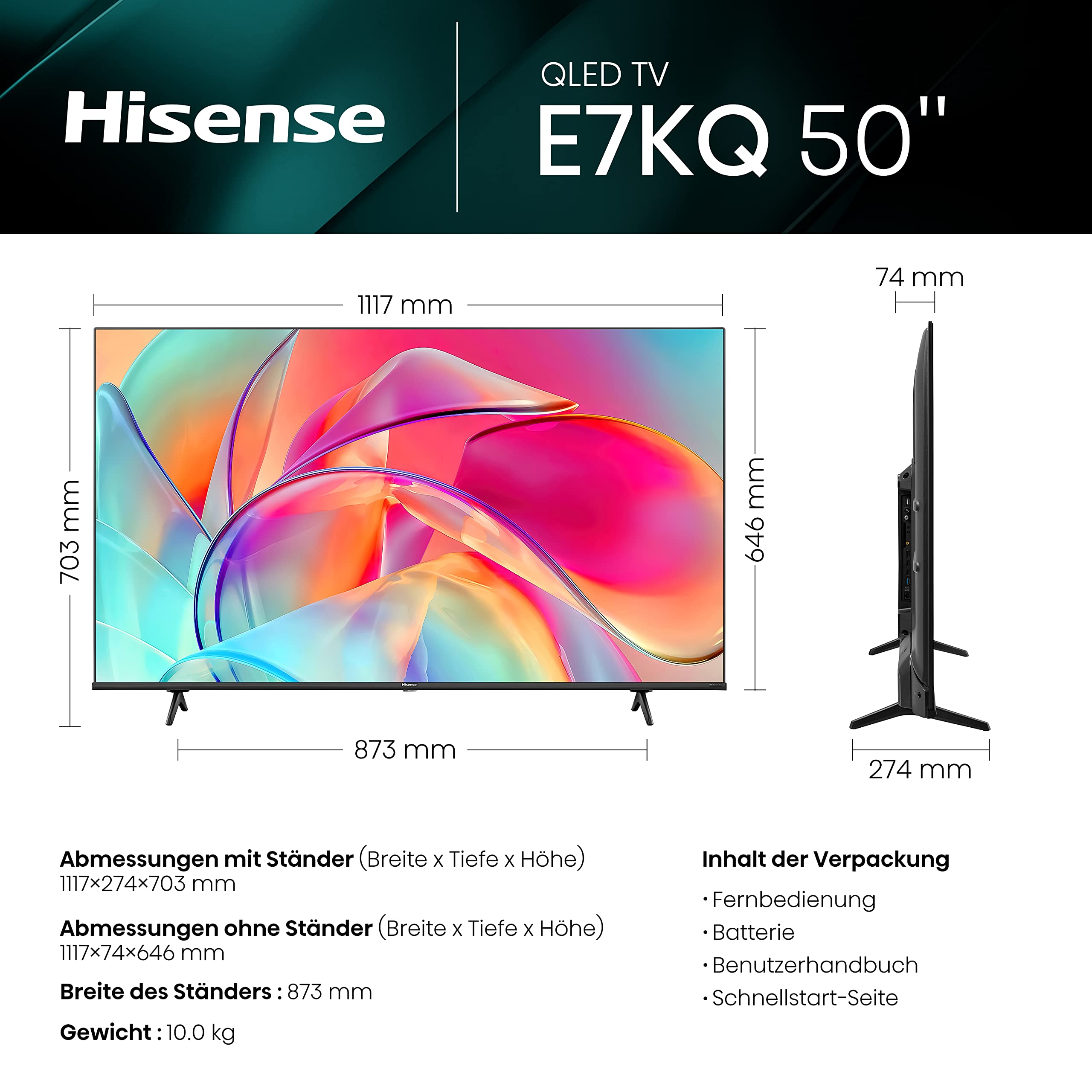 Mua Hisense 50E7KQ QLED Smart TV 127cm (50 Zoll), 4K, HDR10, HDR10 ...