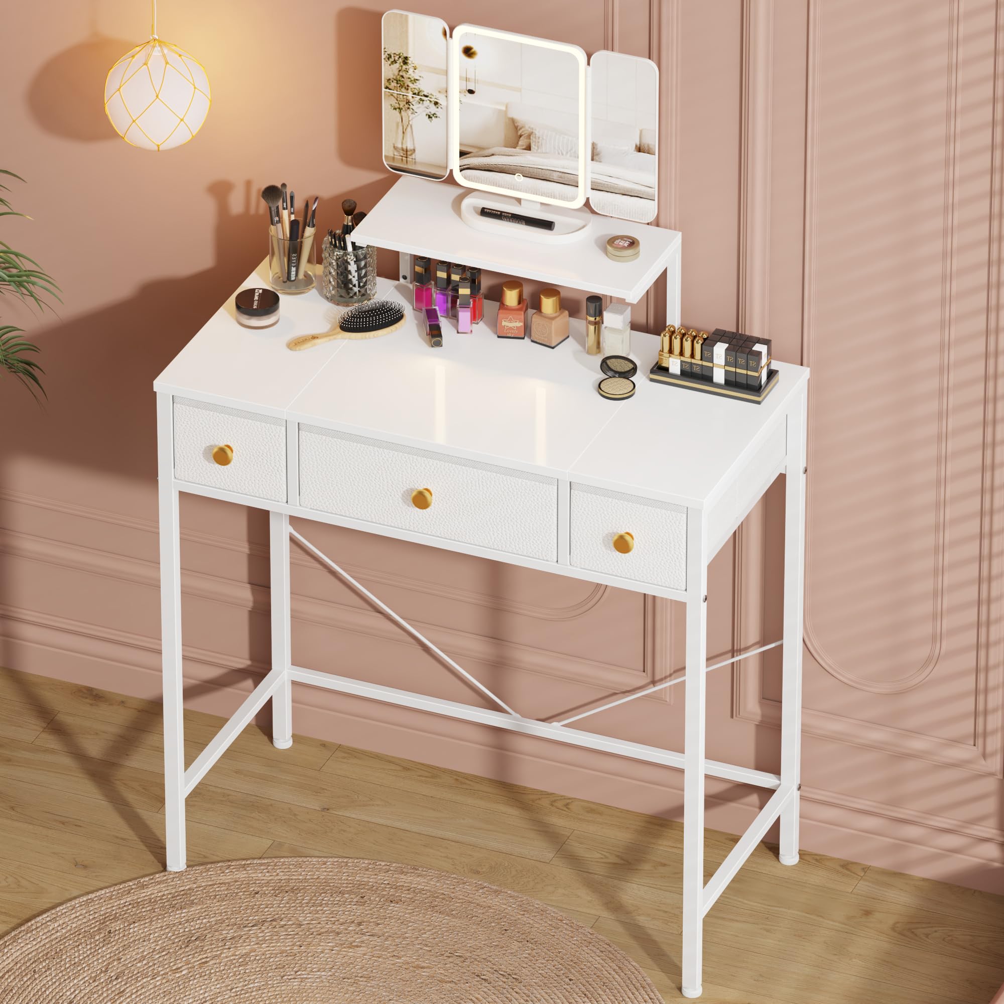 HIGDBFE Makeup Vanity Desk with Mirror and Lights & 3 Drawers, Small ...