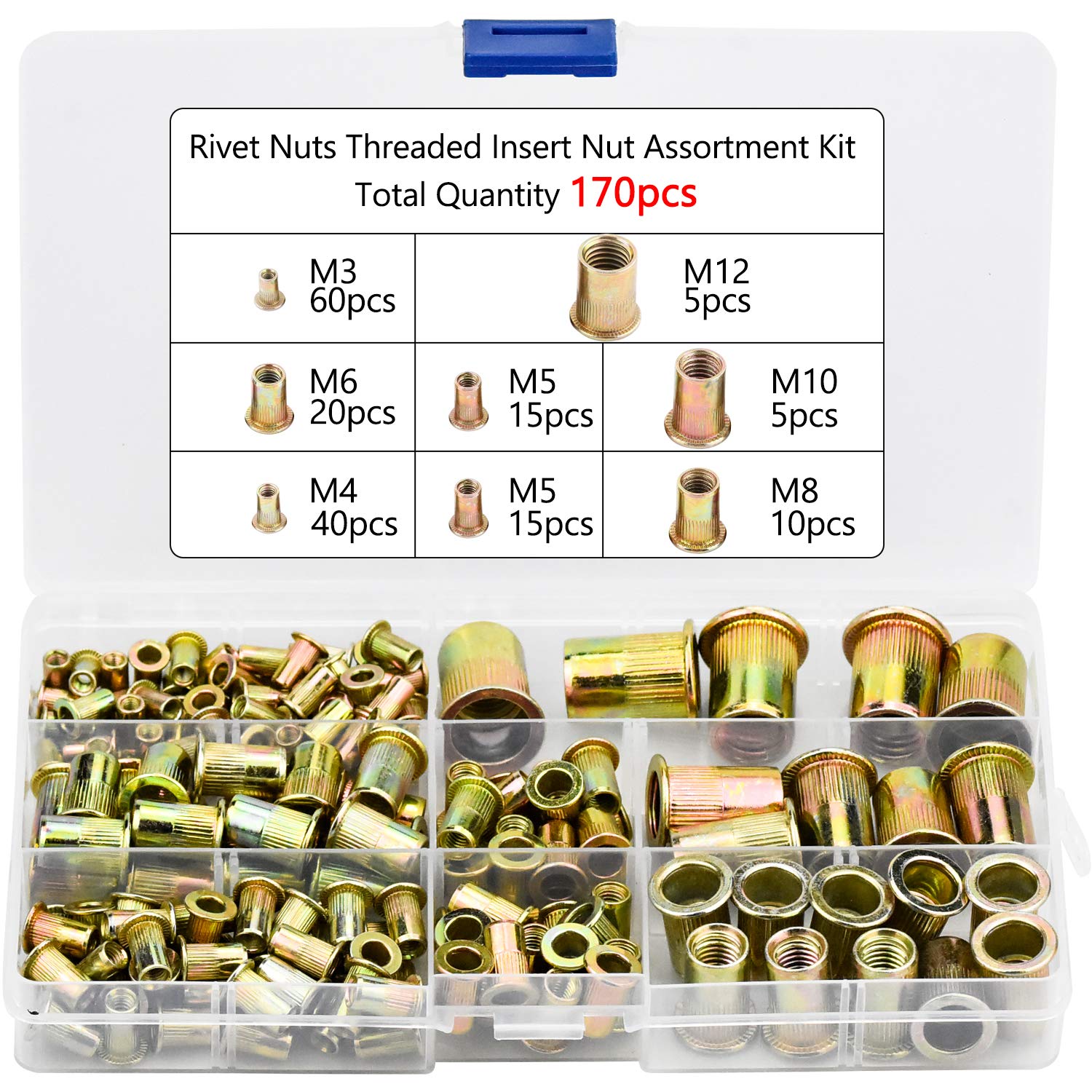 170 Piece Rivet Nuts Set M3 M4 M5 M6 M8 M10 M12 Rivet Nuts Blind Rivet ...