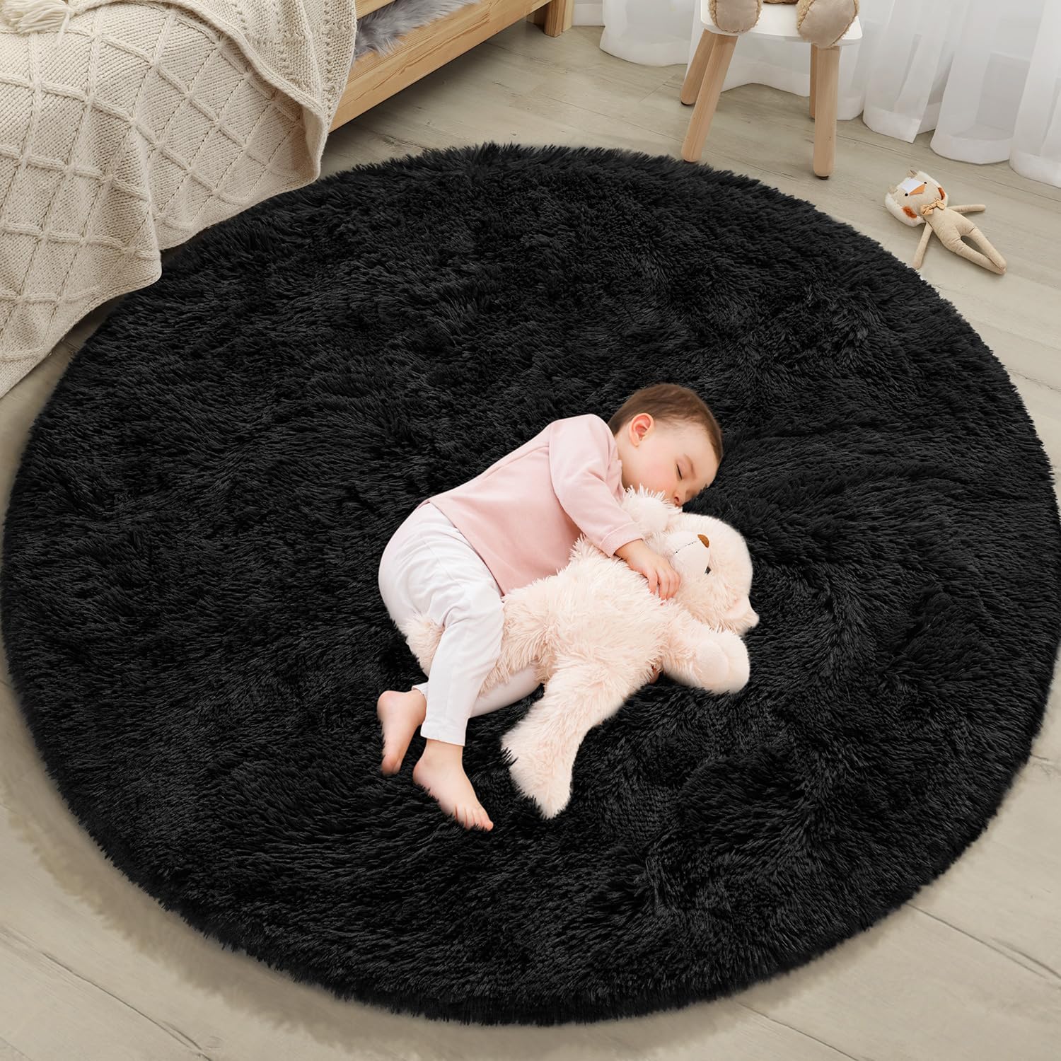 EVOIONOS Black Round Rug for Kids Room, Fluffy Circle Rug for Bedroom ...