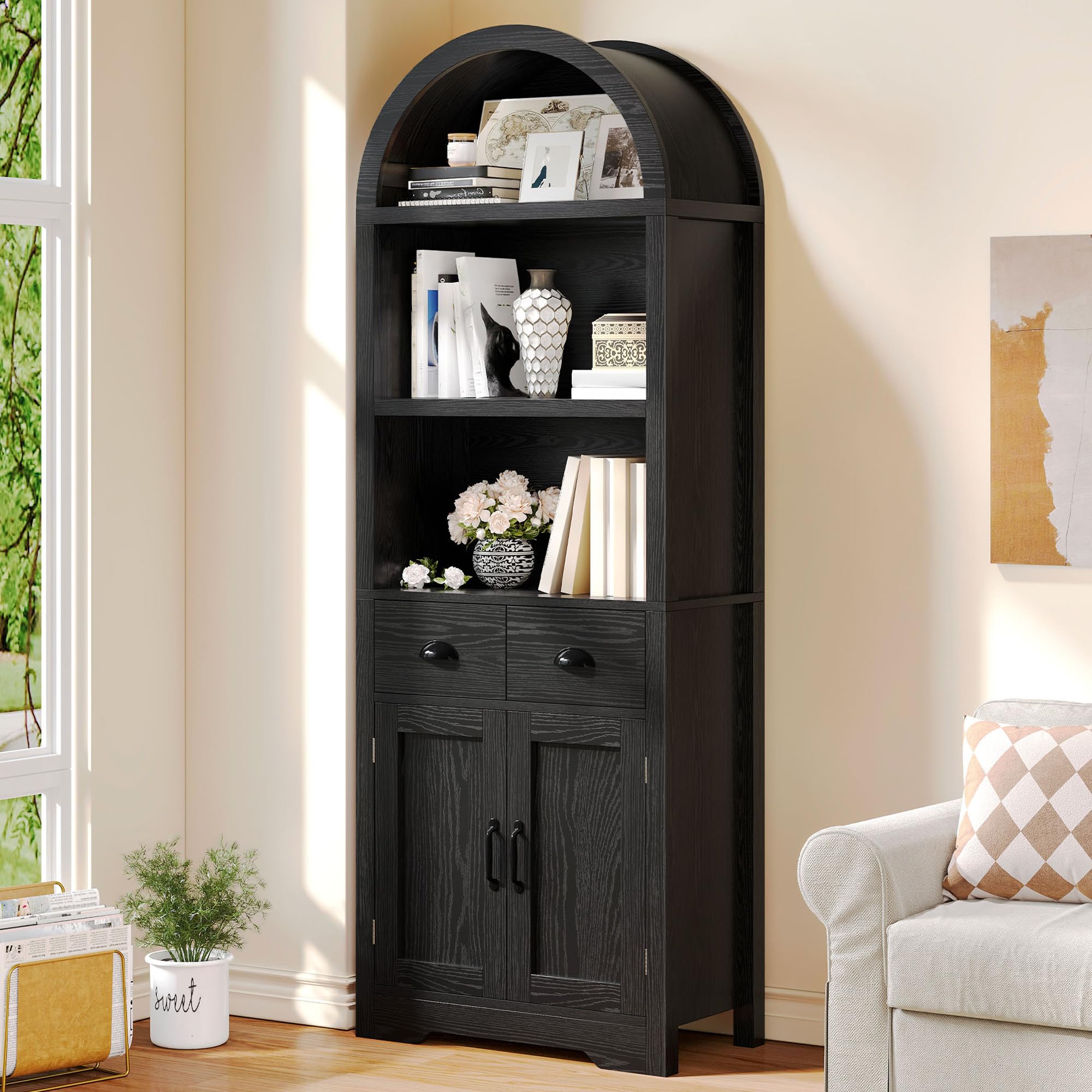 YITAHOME Tall Arched Bookshelf with Storage, Black Arched Bookcase with ...