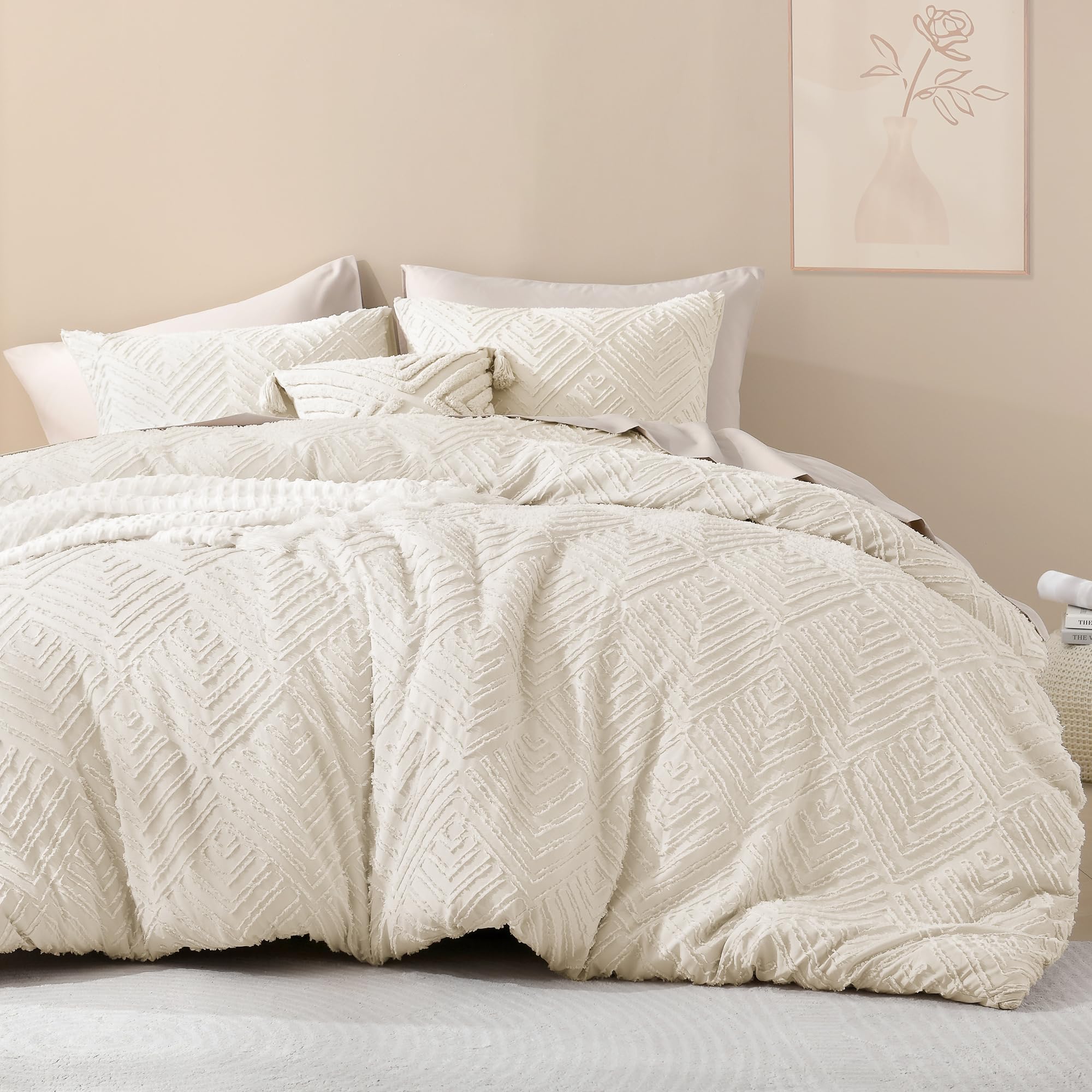 Litanika Beige Queen Comforter Set 3 Pieces Cream Tufted Boho Litanika Beige Queen Comforter Set 3 Pieces Cream Tufted Boho