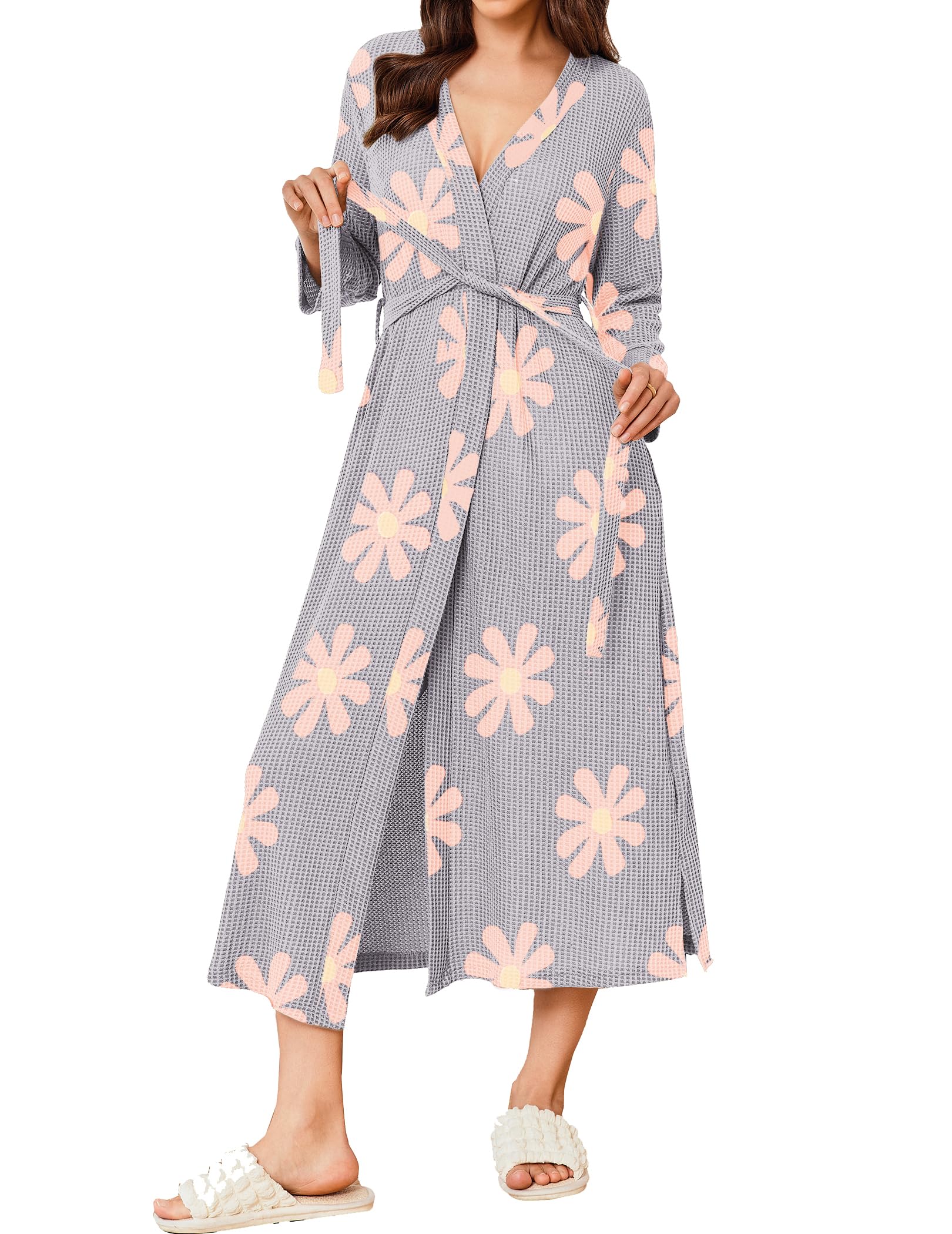 Ekouaer Long Robes for Women waffle Spa Bathrobe Soft Floral Loungewear ...