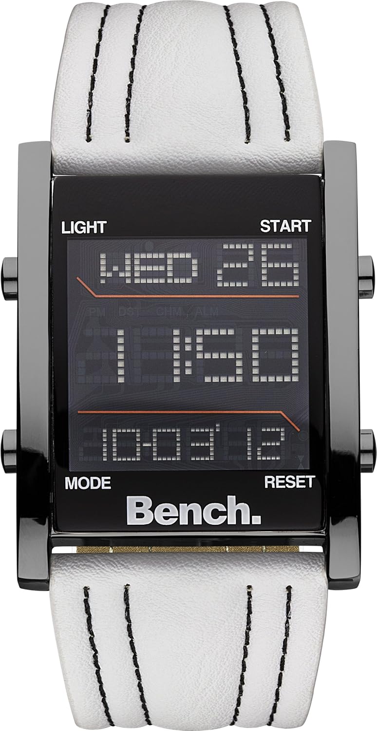 Bench Men's Quartz Watch with LCD Dial Digital Display and White PU ...