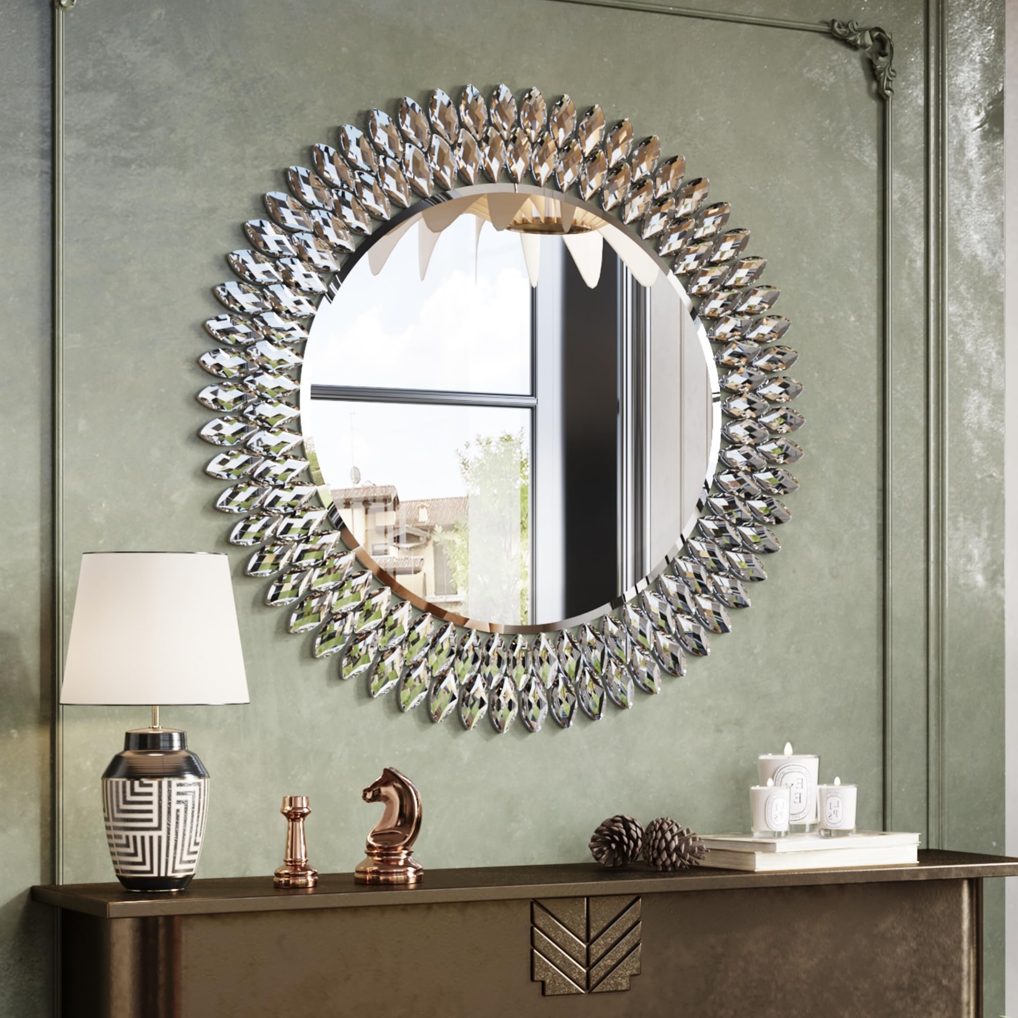 Kelly Miller Jeweled Mirror for Wall, 28 Inch Round Luxury Mirror with ...