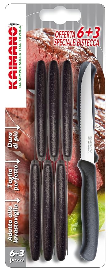 Kaimano Italian 6 Plus 3 Steak Knife, Stainless Steel, Black, 28 x 10 x ...
