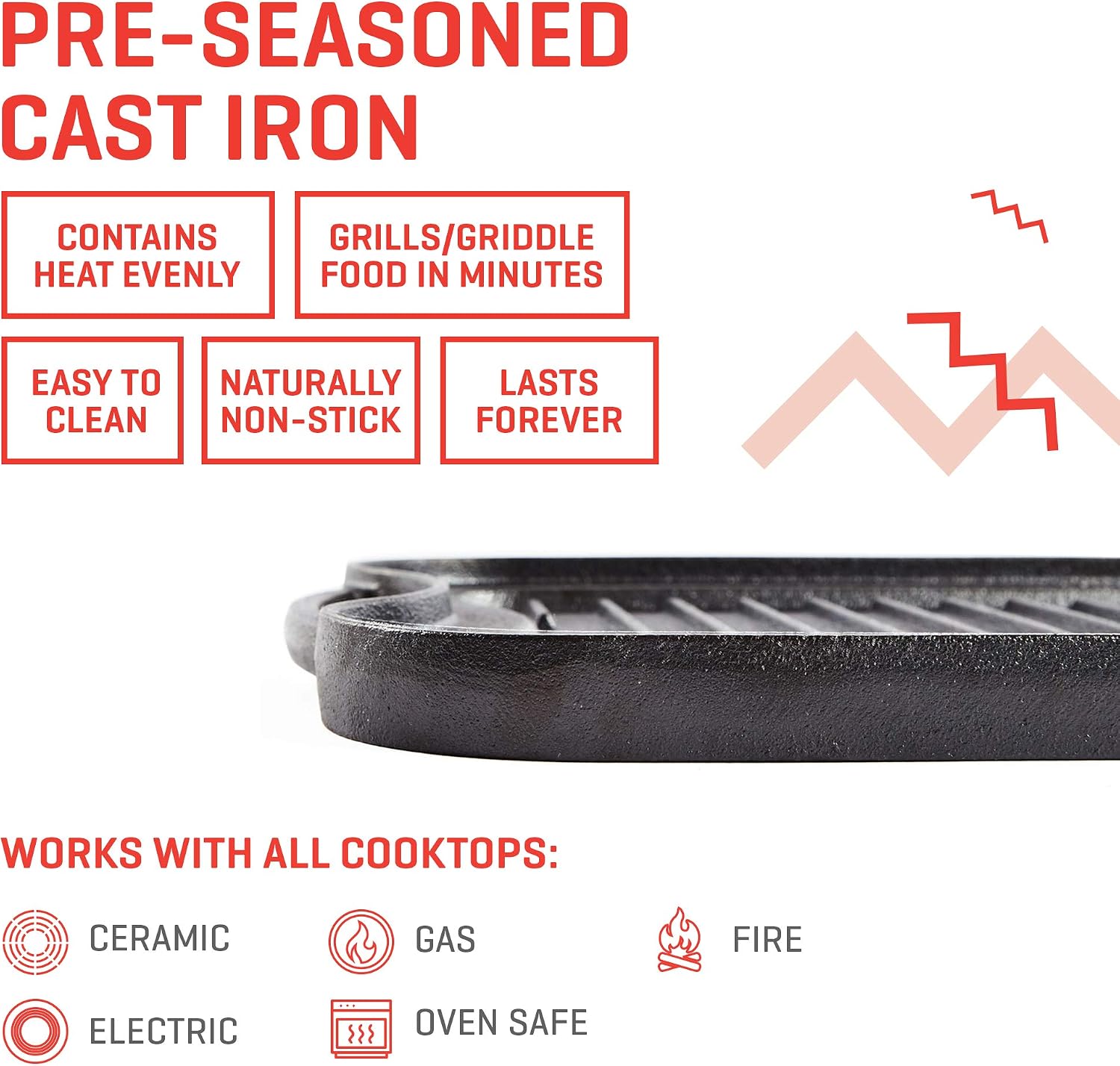 Uno Casa Cast Iron Griddle Grill Pan for Stove Top – 20×10 Inch Pre ...