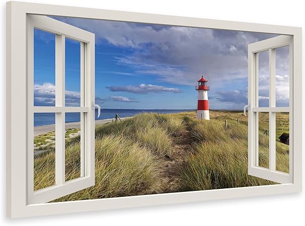 PICSonPAPER Leinwandbild Fenster zum Leuchtturm Nordsee, 40 cm x 30 cm, Dekoration, Kunstdruck ...