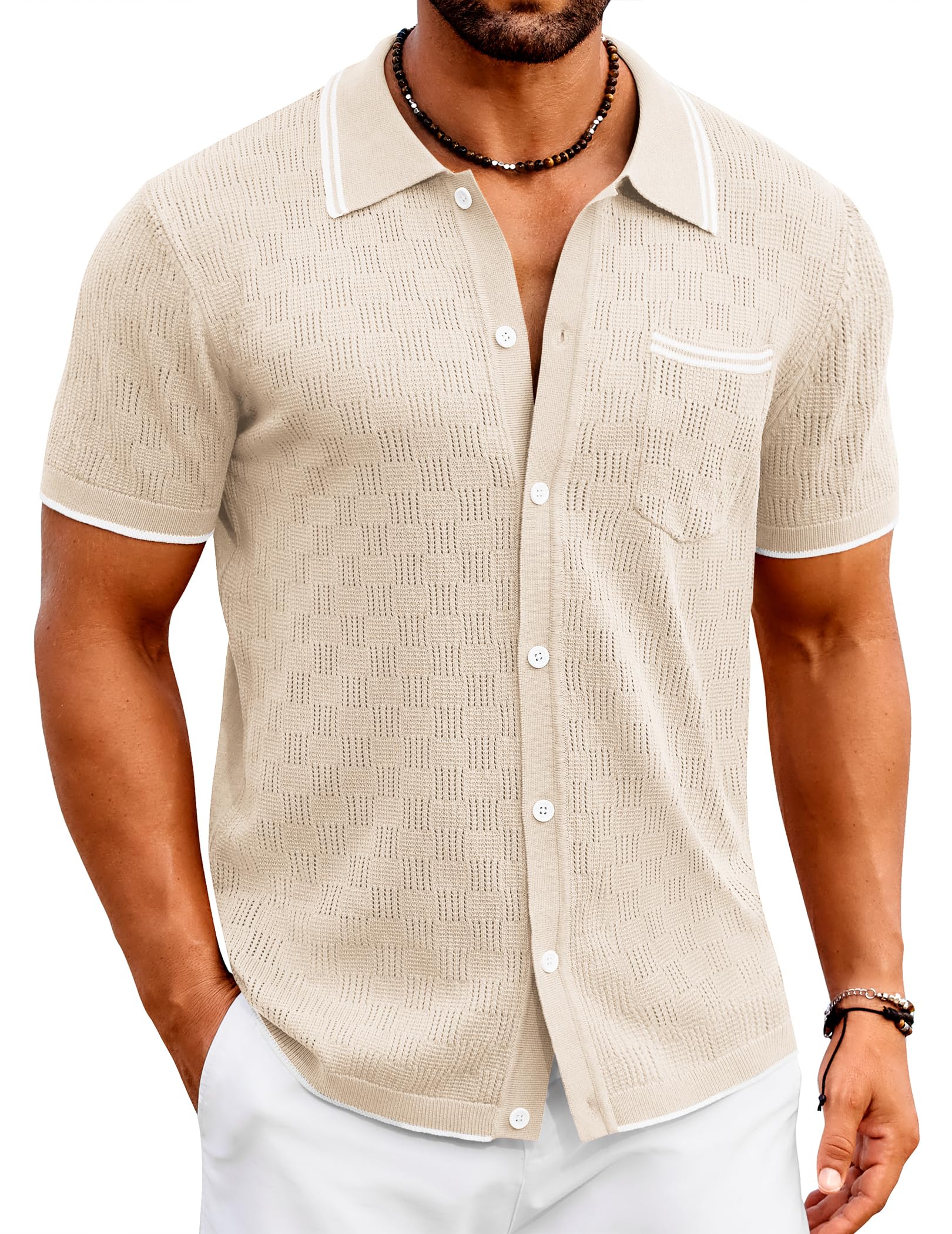 COOFANDY Men's Knit Polo Shirts Short Sleeve Vintage Beach Shirt Casual Button Down Shirt Light ...
