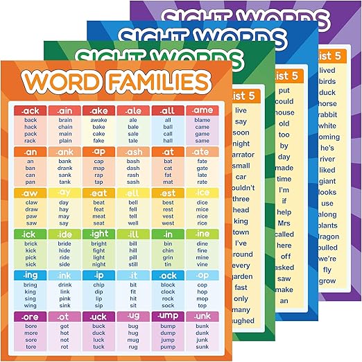 4 Sheets Sight Words Posters Word Families Posters, 17 x 22 Inch ...