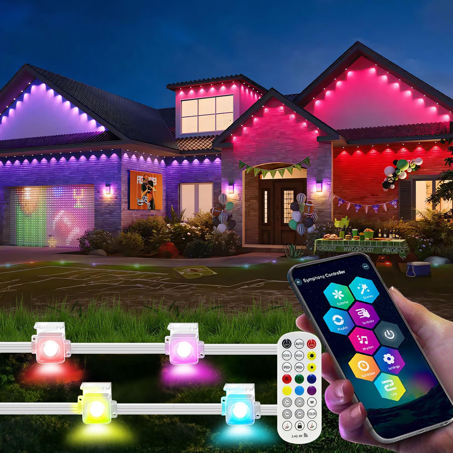 Fntek Permanent Outdoor Lights, 100Ft IP67 Waterproof Smart RGB Outdoor ...