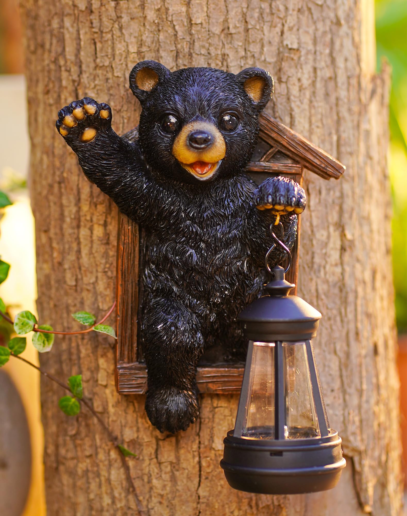 Goodeco Black Bear Tree Hugger with Solar Lantern - Perfect Bear Garden ...