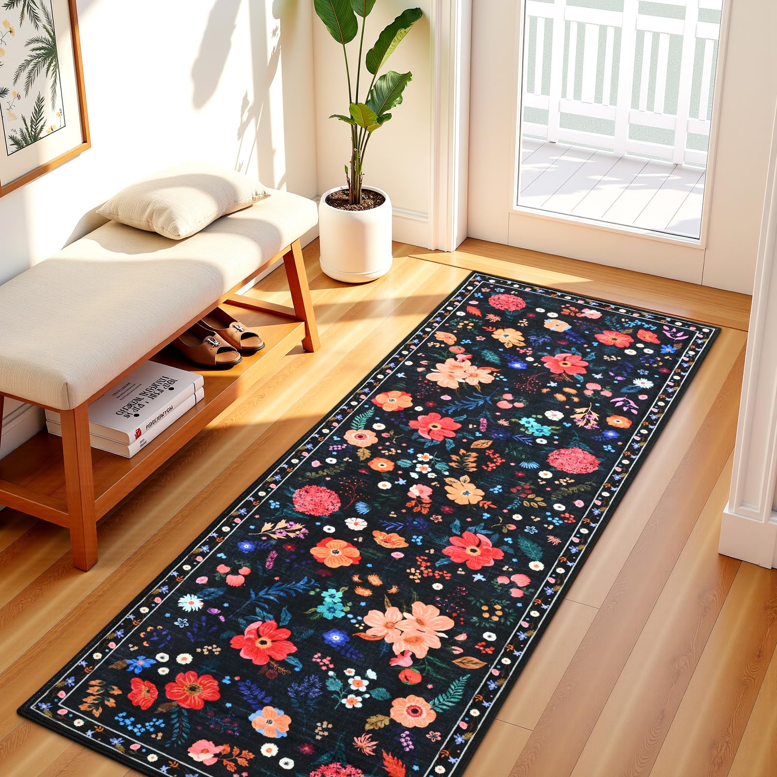 Terrug Floral Entryway Runner Rug 2x6, Washable Black Boho Rug for ...