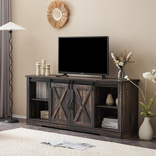 AMERLIFE TV Stand Sliding Barn Door Farmhouse Wood Entertainment Center ...