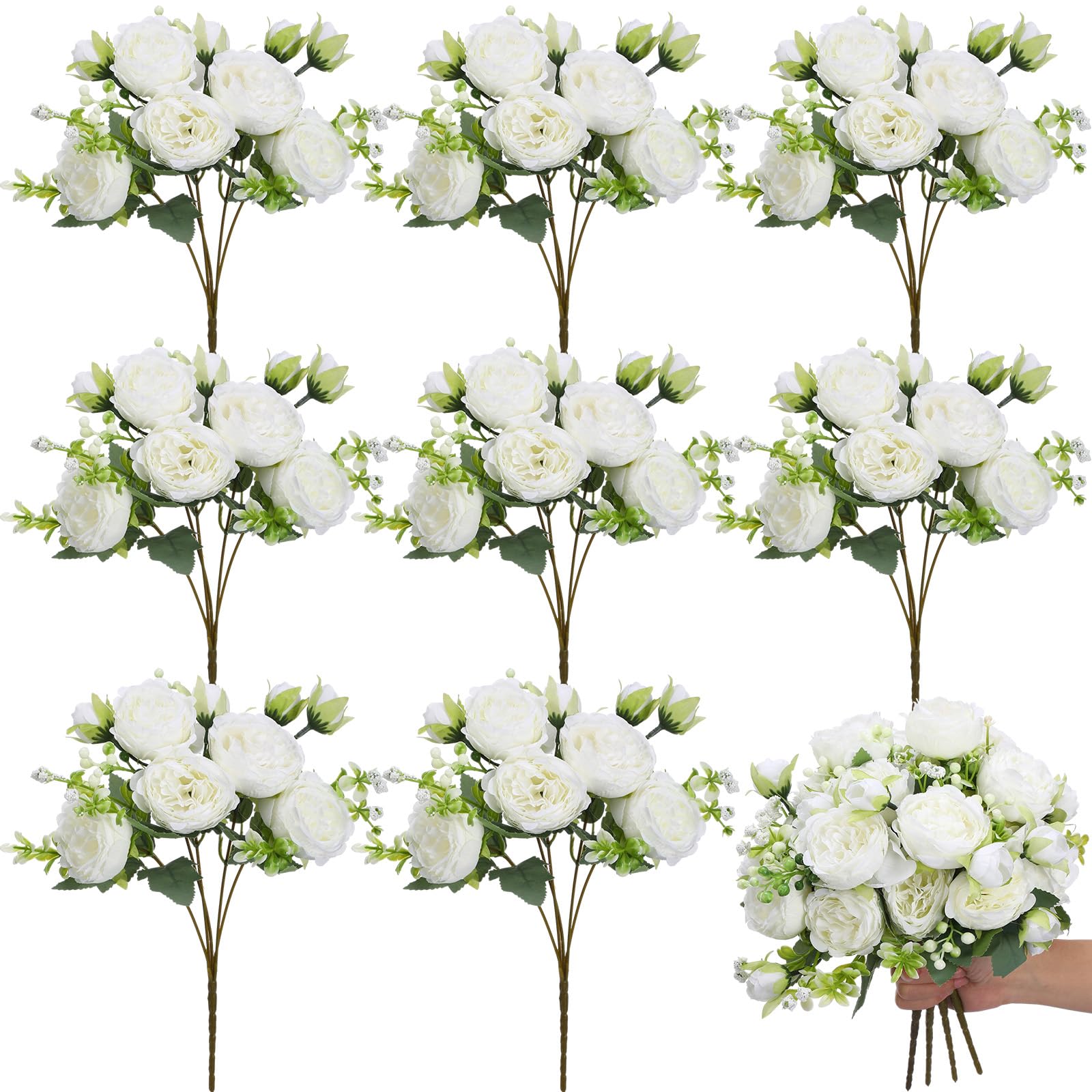 Crowye 8 Bundles Artificial Peonies Realistic Flowers with Stems ...