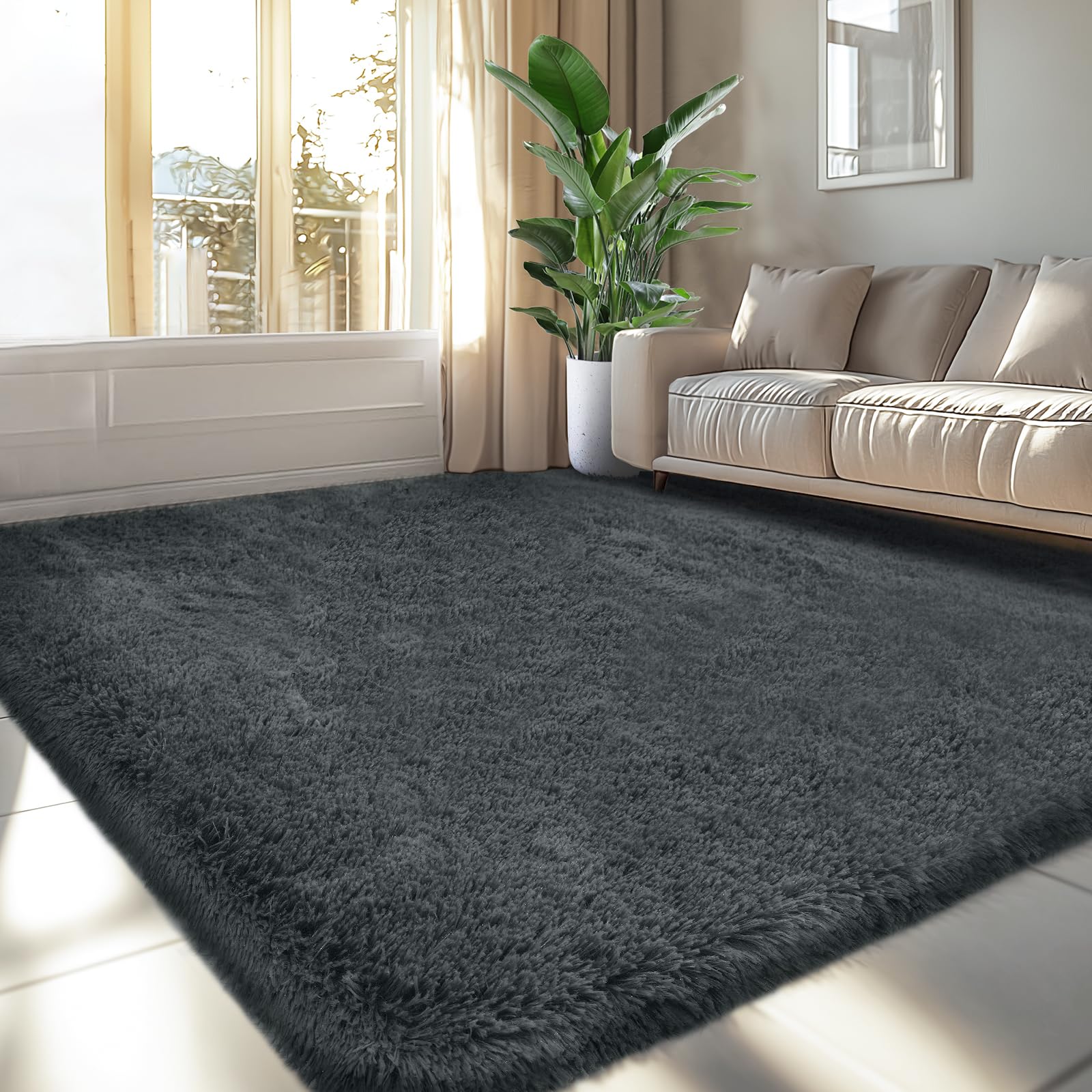 Fluffy Area Rug for Living Room: 6x9 Feet Grey Shag Rug - Soft Fuzzy ...