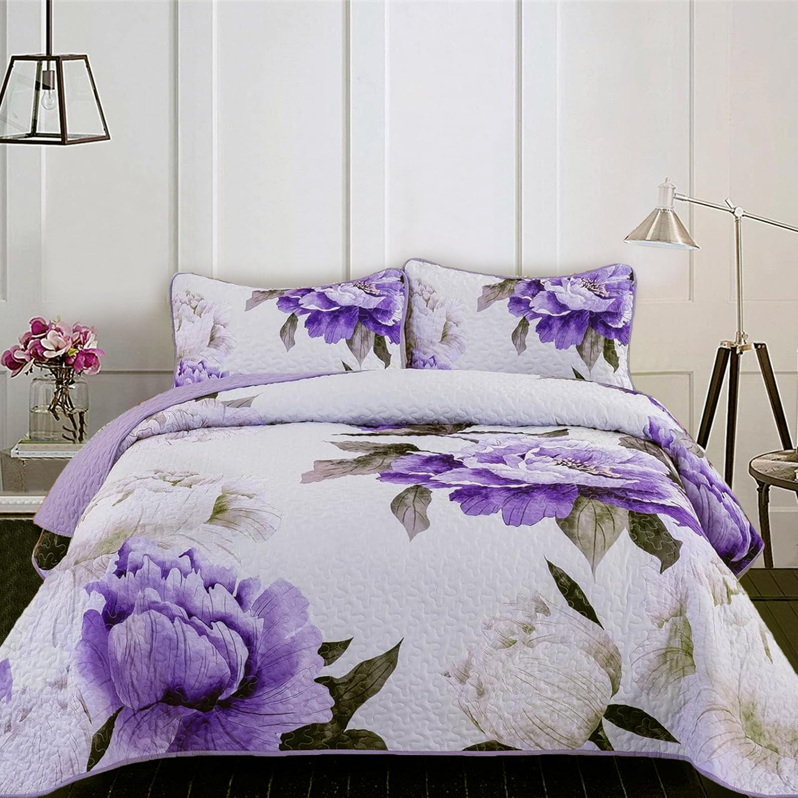 Mybedsoul Purple King Quilt 3 Pieces Boho Plaid Floral Quilts Set ...