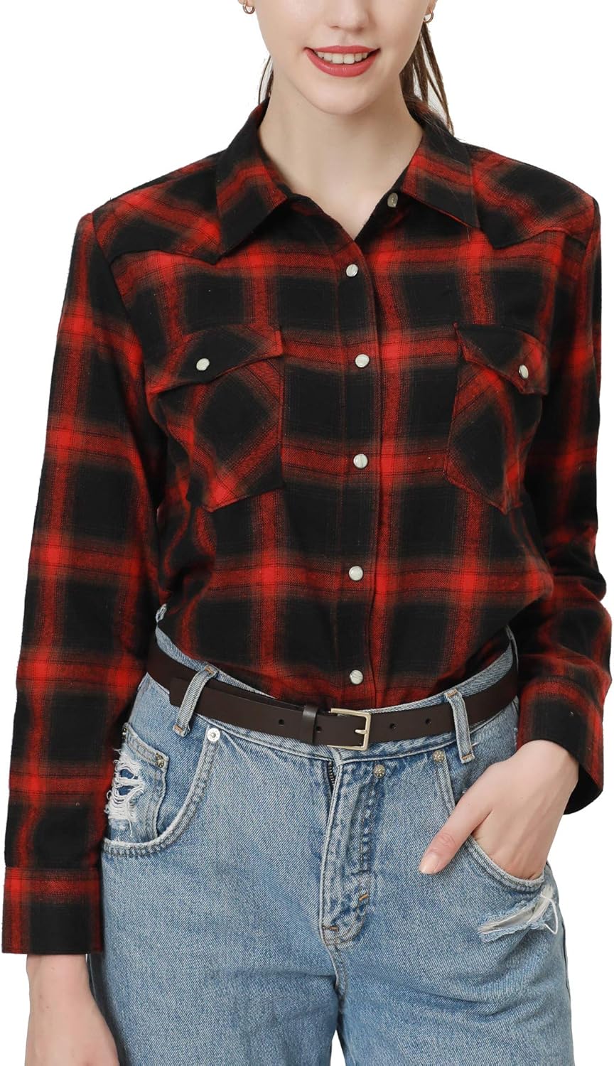 Flanellhemden mit Druckknöpfen, langärmelig, für Damen, kariert ...