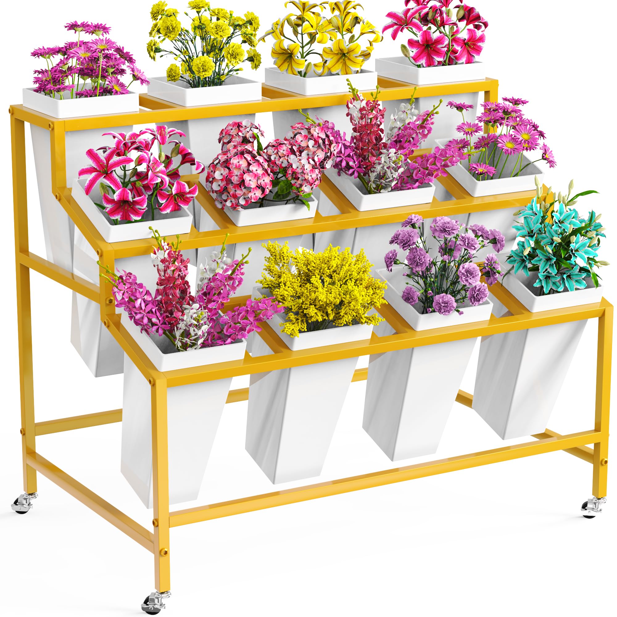 VGMiu Flower Display Stand with 12 Buckets Gold Flower Cart 3 Layers ...