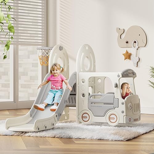 BIERUM 4 in 1 Toddler Slide, Bus Themed Baby Slide for Toddlers Age 1-3 ...