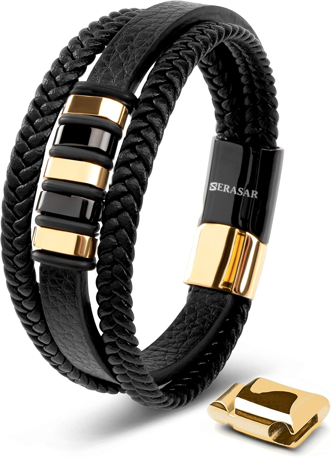 SERASAR Armkette Herren 23cm Schwarz Gold Männer-Armband Leder-Armreif ...