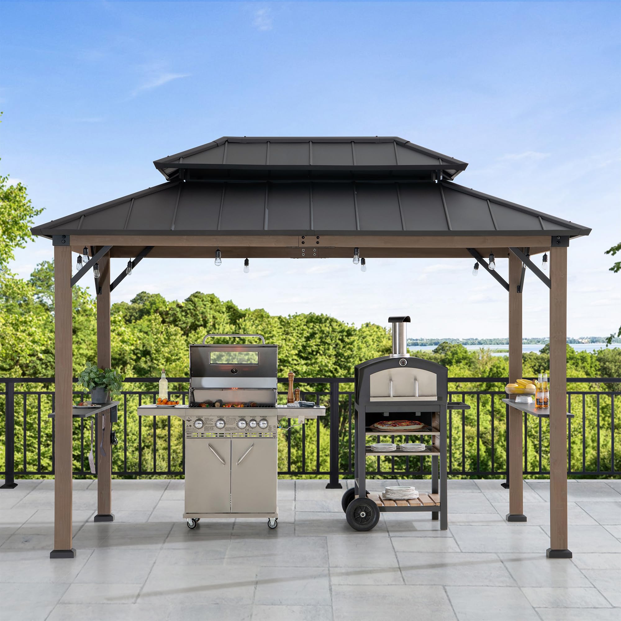 Sunjoy Wooden Grill Gazebo, 8 x 12 ft. Steel Hardtop Outdoor Gazebo for ...