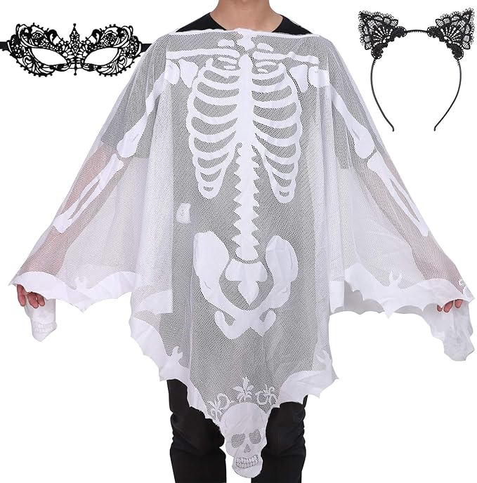 URATOT Halloween Lace Poncho Skeleton Lace Poncho Skull Bones Halloween ...
