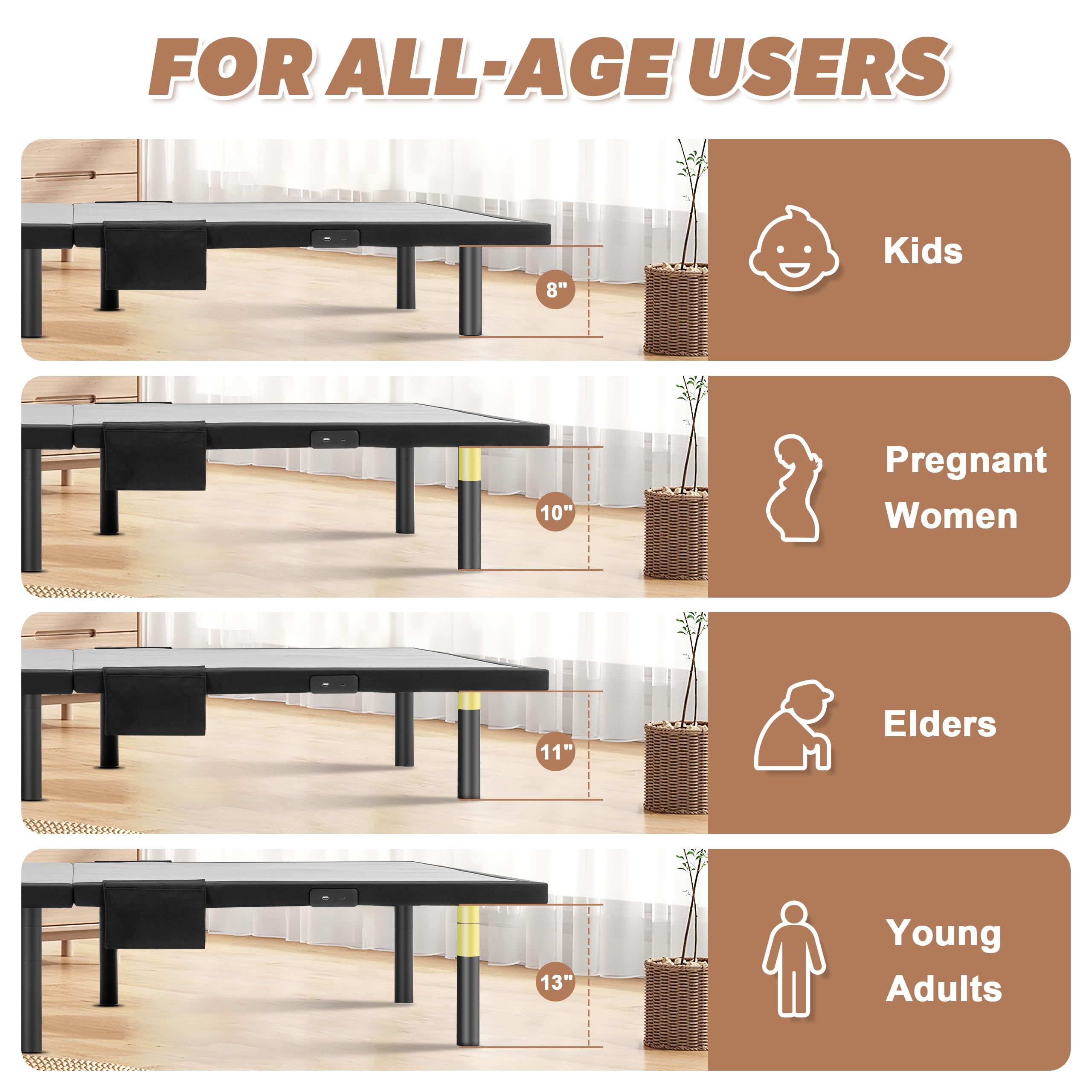 ASONLY Twin XL Adjustable Bed Frame, Adjustable Bed Base With 4 Height Adjustable Leg ...