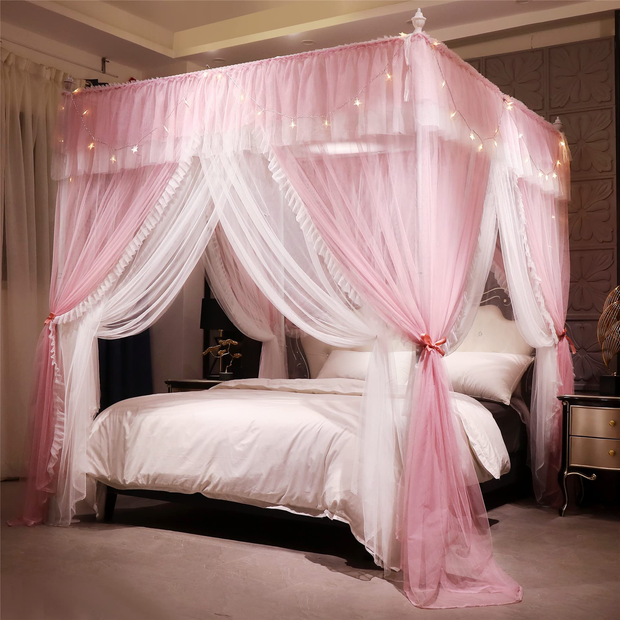 VETHIN 4 Corners Post Ruffle Princess Bed Canopy Curtain-Double Layer ...
