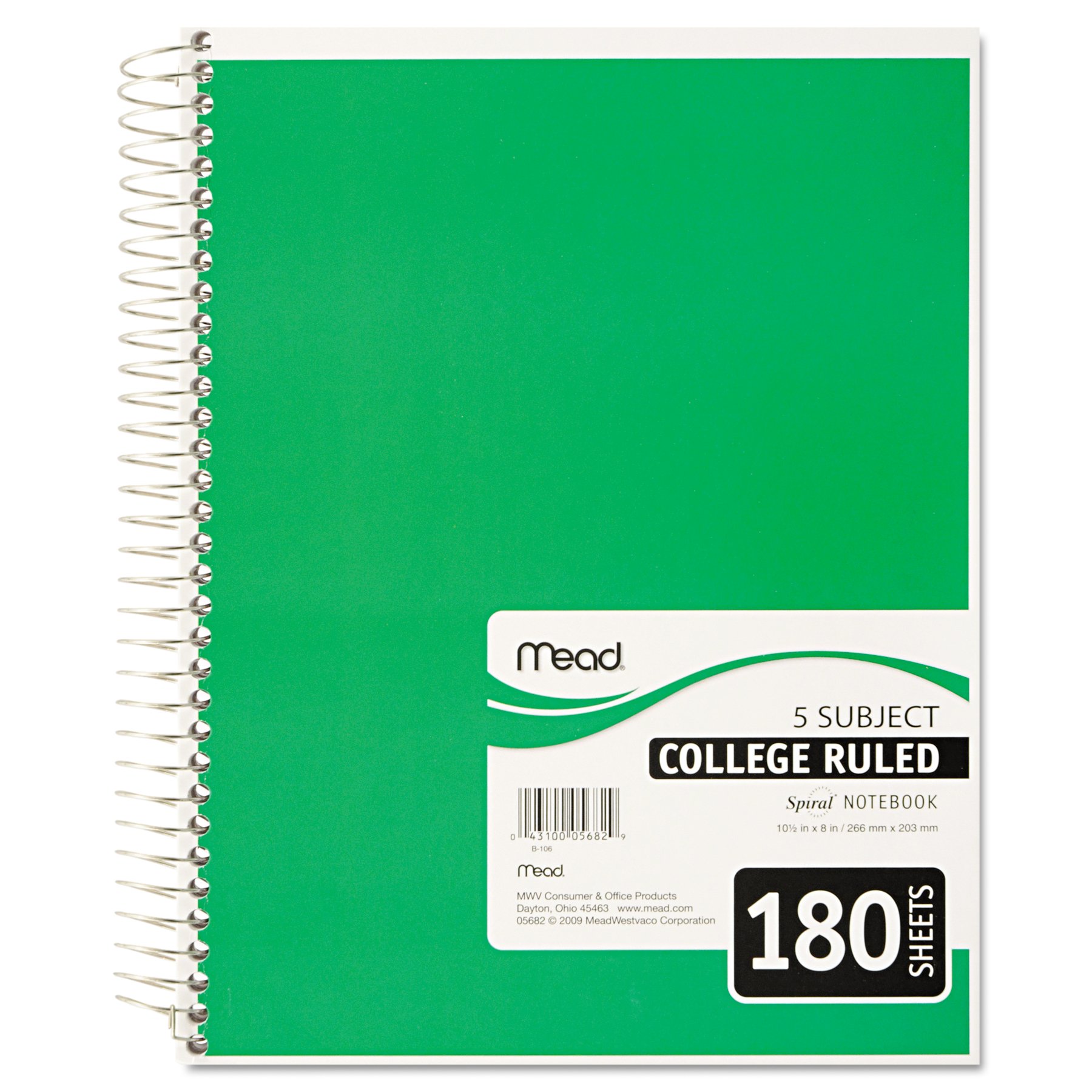 Mead Spiral Notebook 5 Subject College Ruled 180 Sheets 1 Notebook per ...