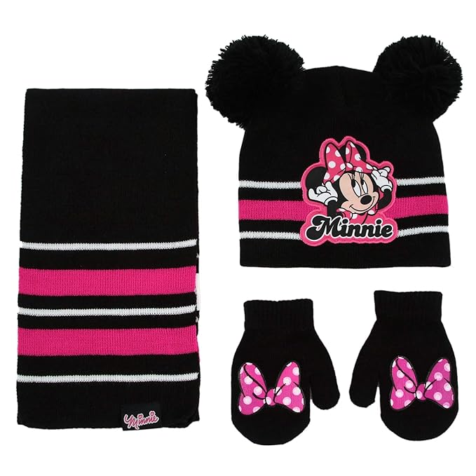 Buy Disney Girls' Minnie Mouse Hat, Scarf Gloves Cold Weather, Black ...