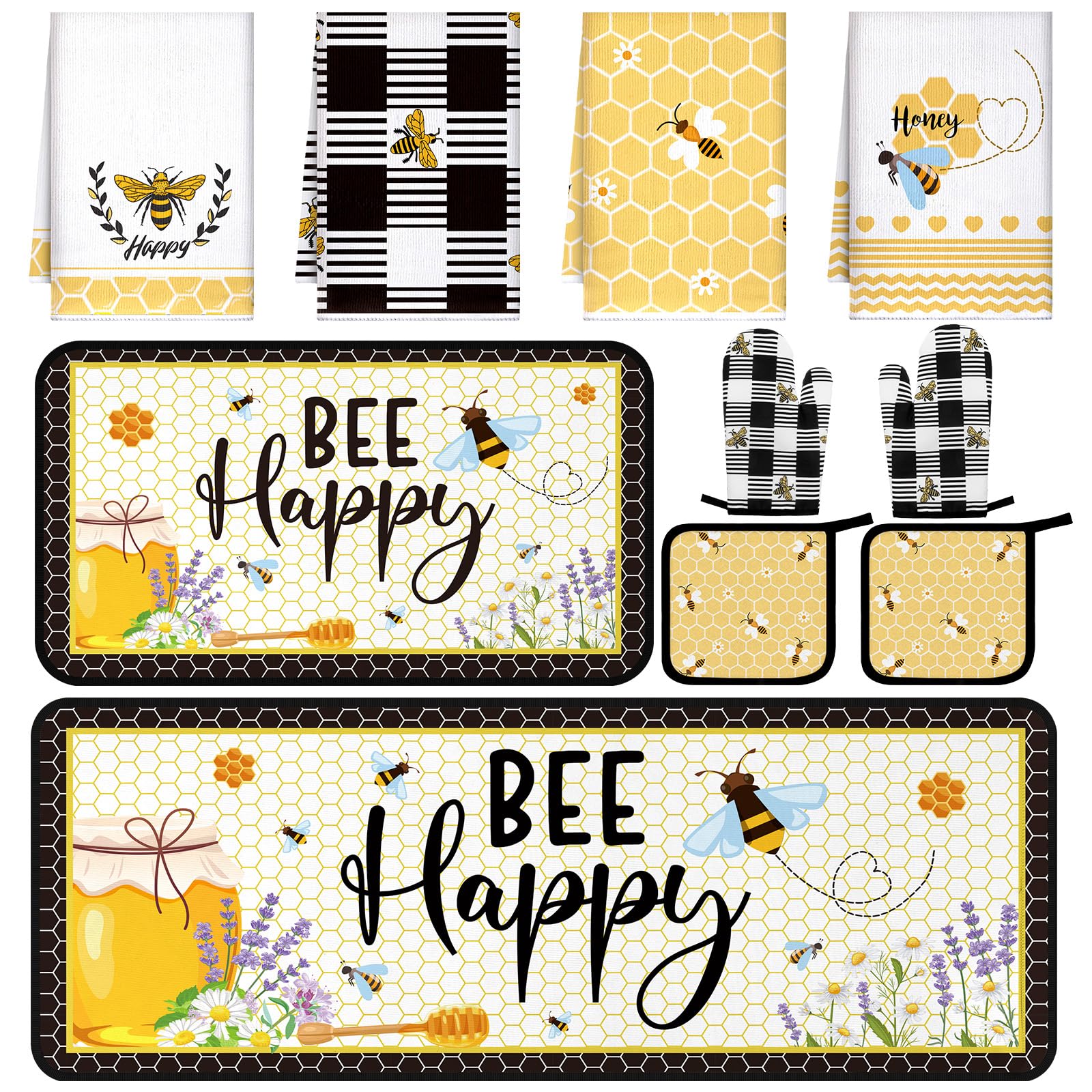 Fourluoo 10 Pcs Bee Kitchen Dish Towels Rugs Oven Mitts and Pot Holders ...