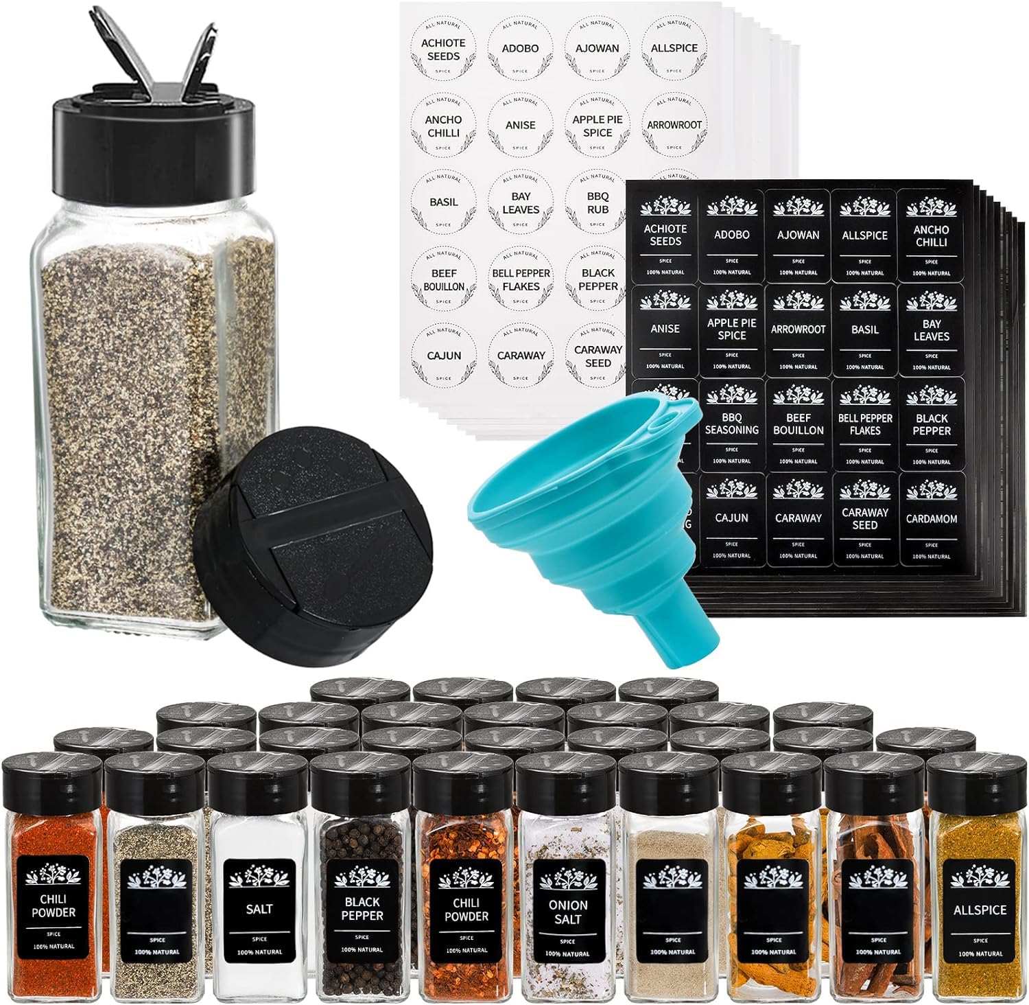 Tebery 30 Pack Glass Spice Jars Square Glass Bottles with Black Caps ...