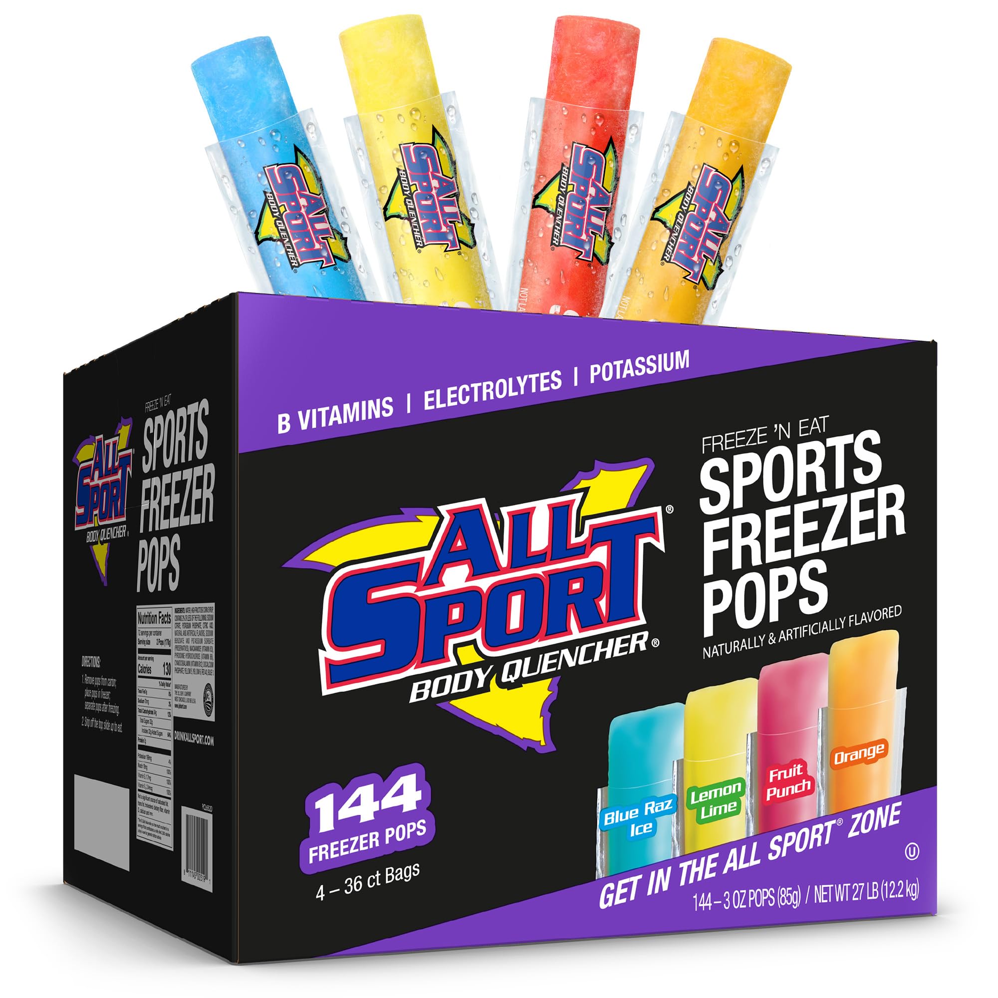 All Sport Freezer Pops, Giant Sized 3oz, 144 CT, Refreshing Ice Pops ...