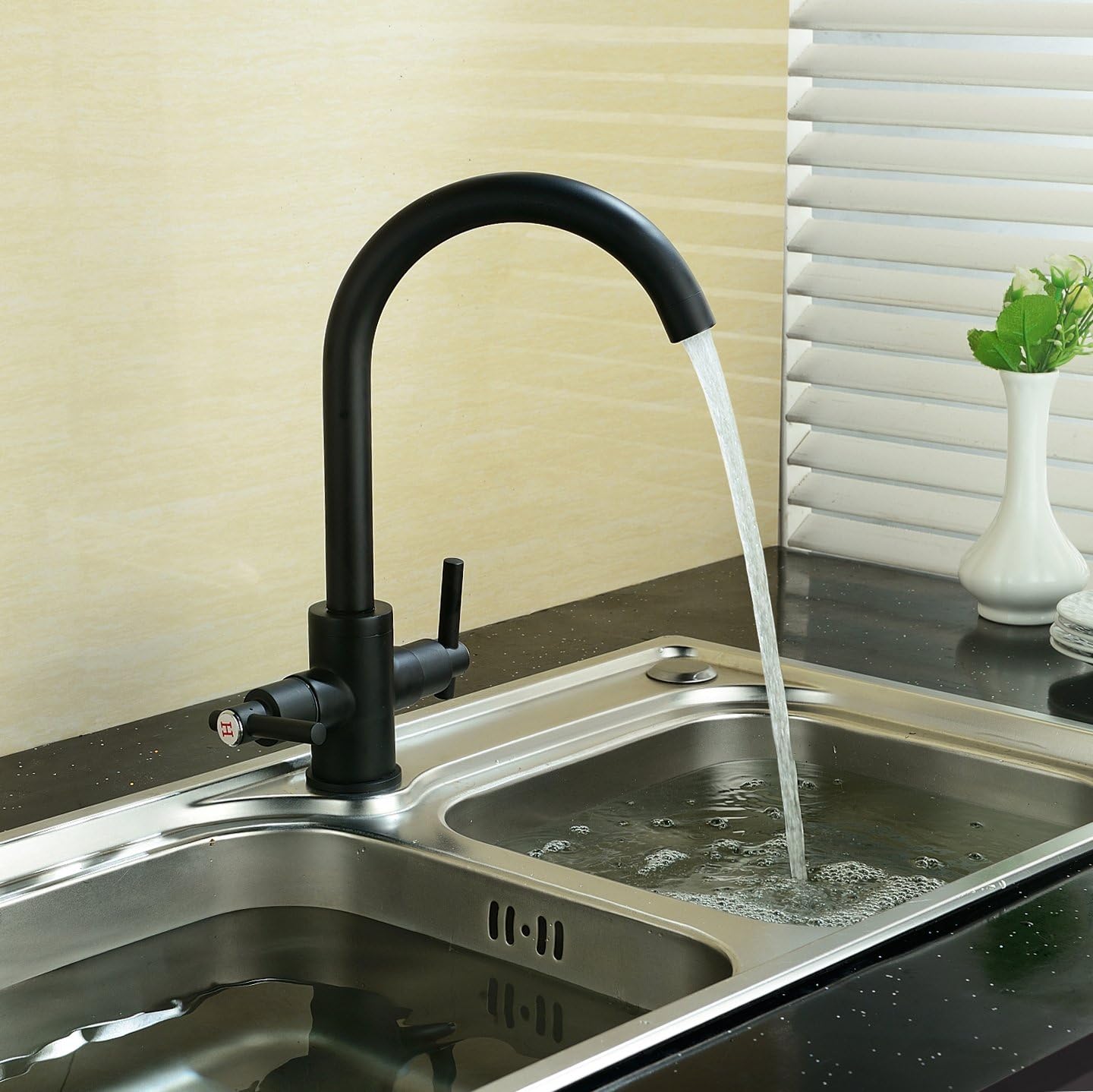 Funime® Black Kitchen Sink Taps Mixers Traditional Dual Lever Monobloc ...