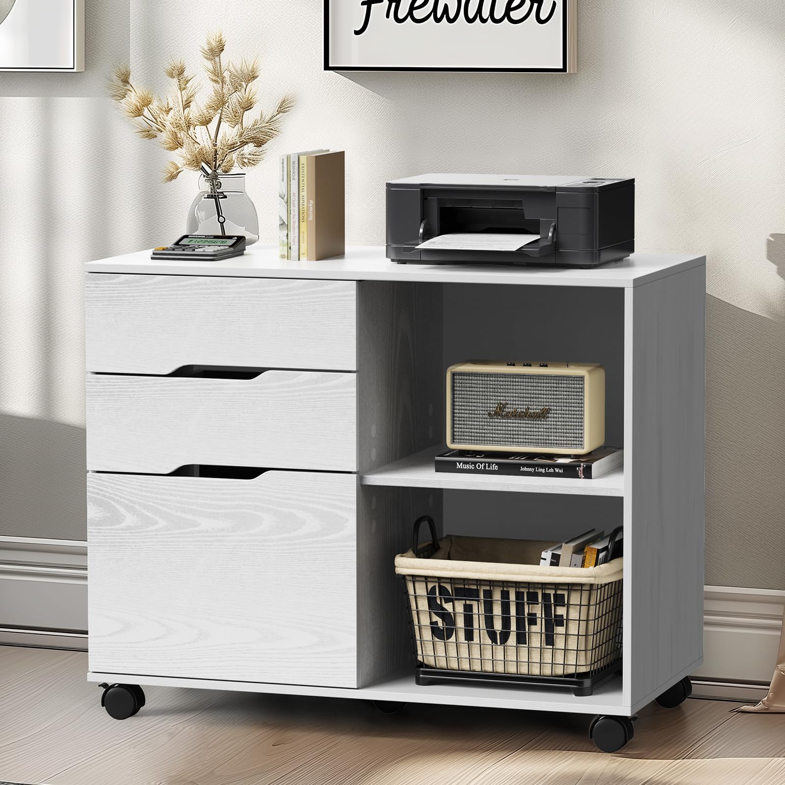 DUMOS Lateral File Cabinet with 3 Drawers, Rolling Wooden Printer Stand ...