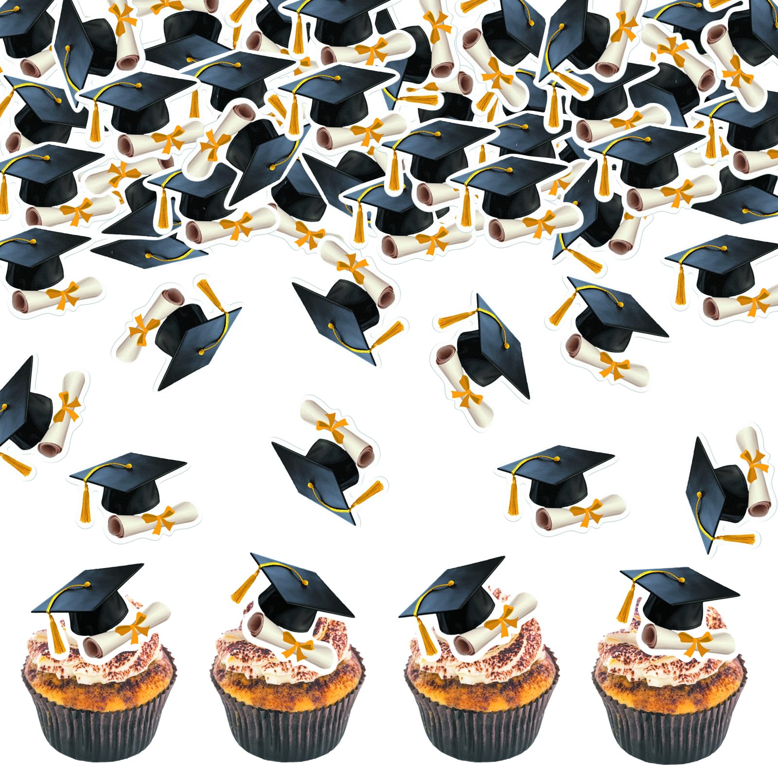 Fyeoxle 48pcs Edible Graduation Cap Cupcake Toppers Wafer Paper Gold ...