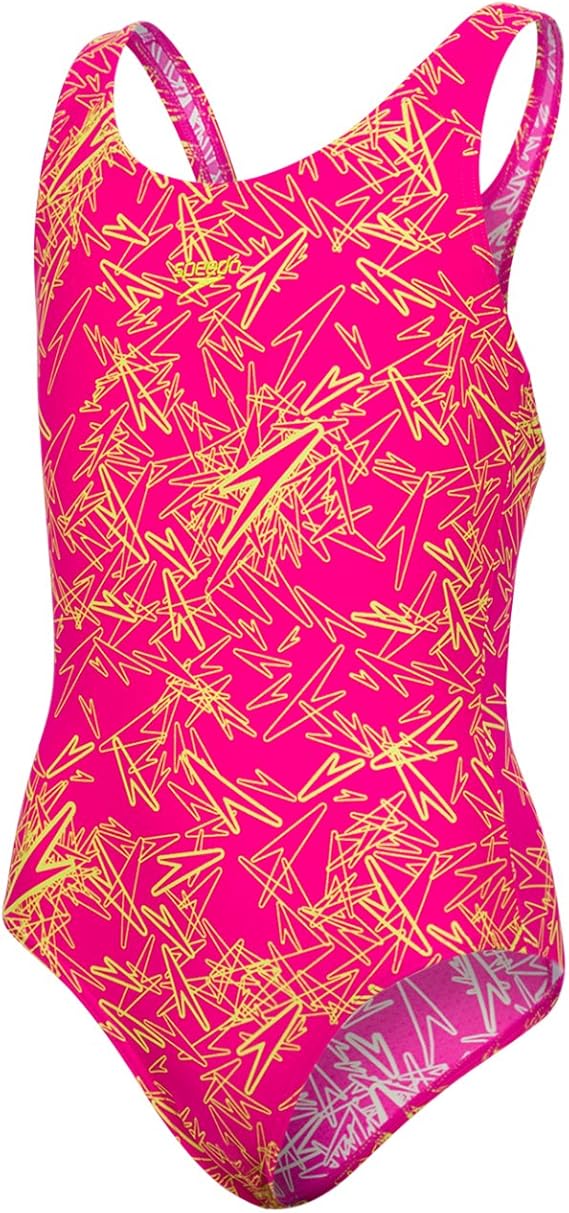 Speedo Girls' Boom All Over Splash Back Swimsuit, Electric Pink/Lime ...