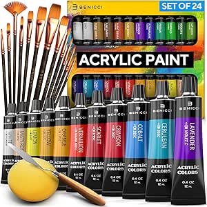 Amazon.com: Complete Acrylic Paint Set – 24х Rich Pigment Colors – 12x ...