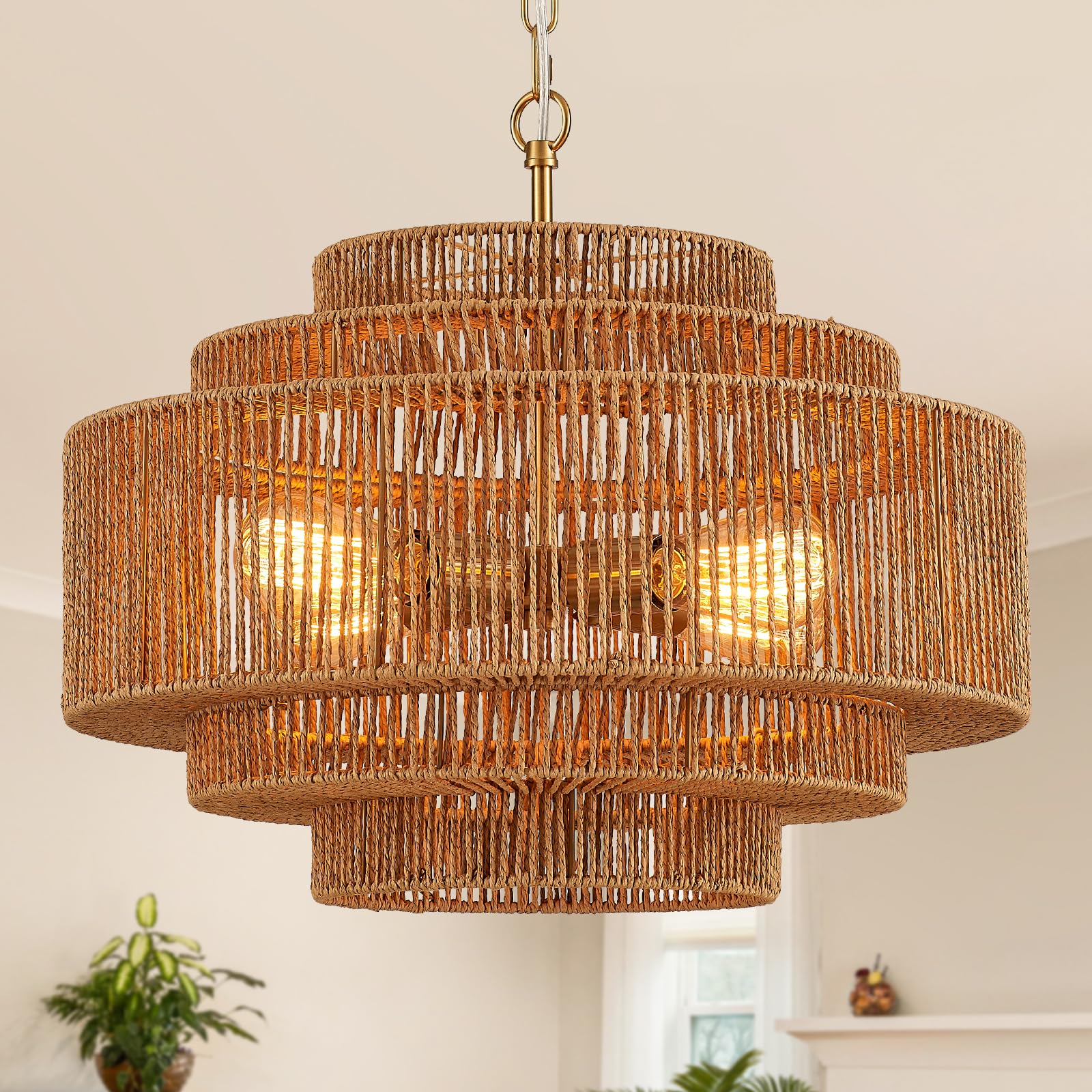 Tunkayli Hand-Woven Rattan Chandelier Dining Room Boho Chandelier 20in ...